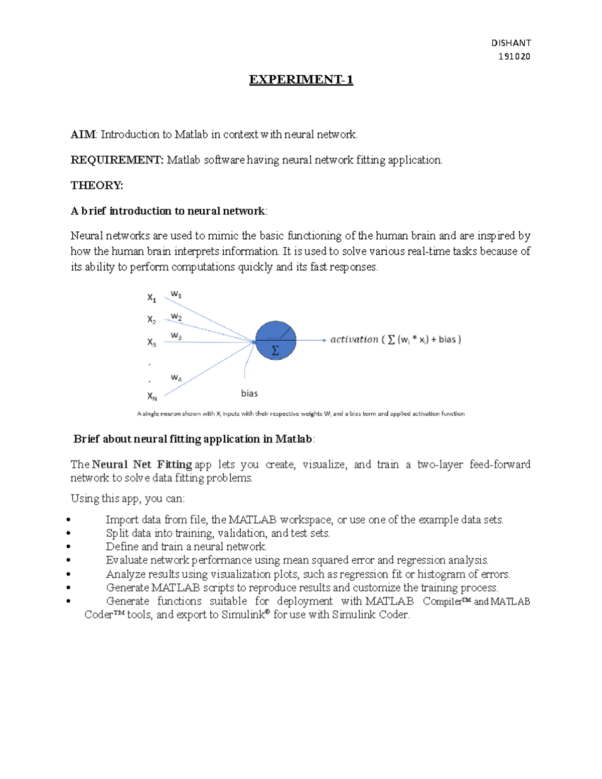 Introduction to metdata - 191020 EXPERIMENT- AIM: Introduction to Matlab in context with neural ...