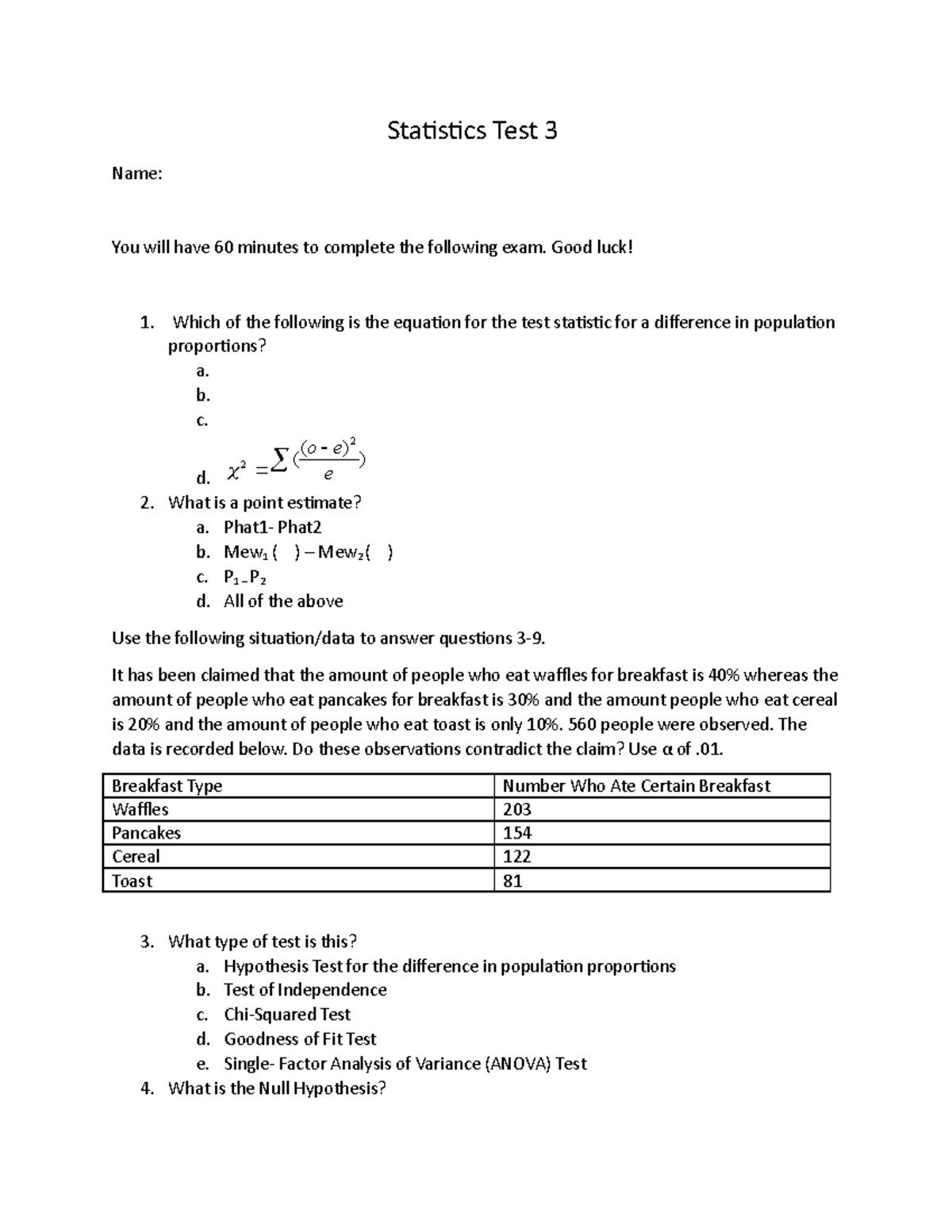Statistics PTest 3 - 2 - practice test - Statistics Test 3 Name: You ...