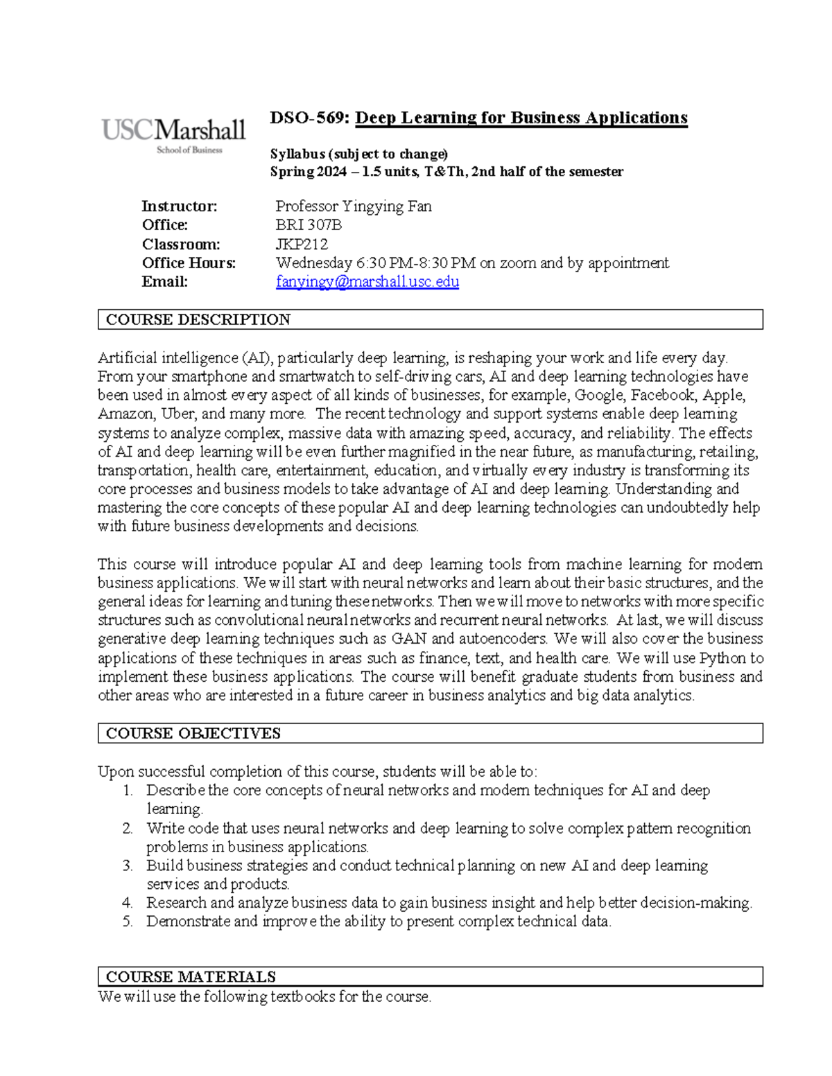 Syllabus DSO569 2024 - DSO-569: Deep Learning for Business Applications ...