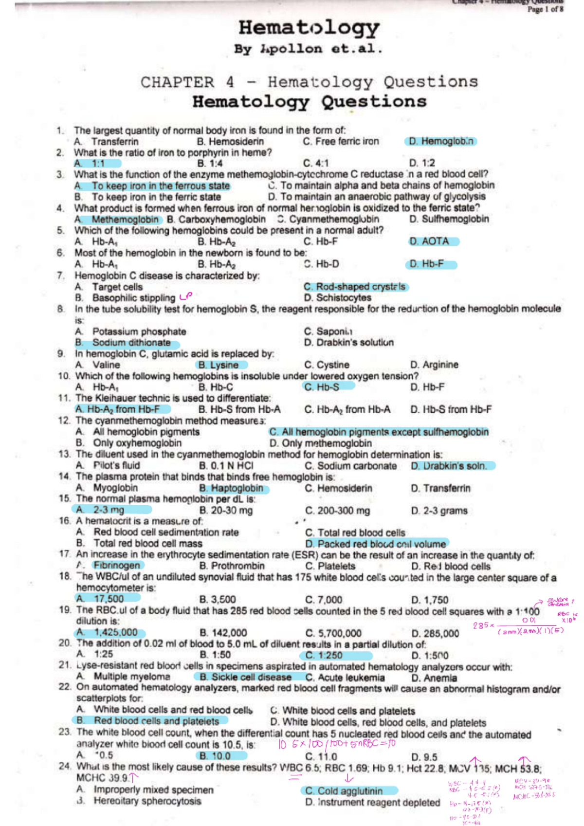 Hema with answers - BS Medical Laboratory Science - Studocu