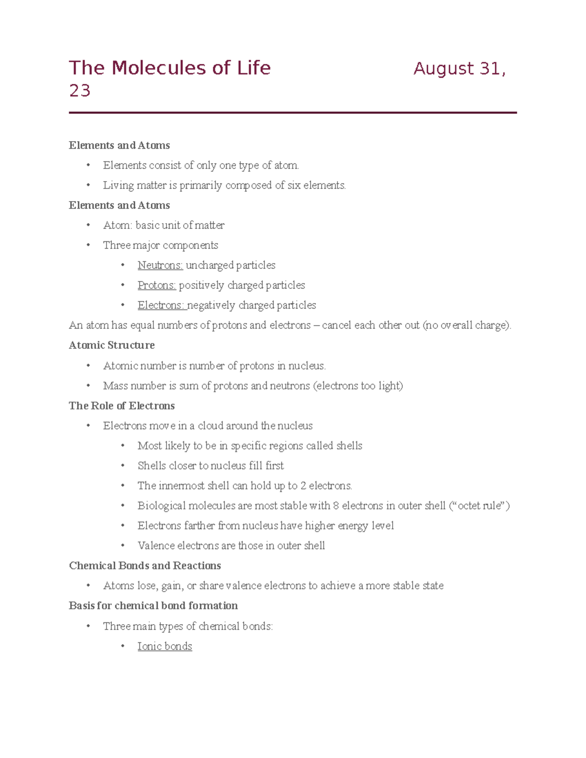 MICR2330 chapter 2 notes - The Molecules of Life August 31, 23 Elements ...