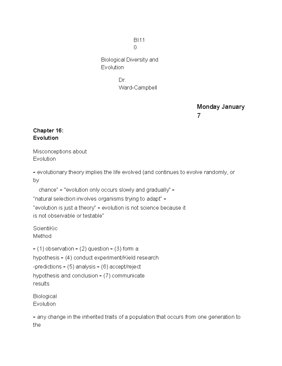 BI111 Final Notes - BI 0 Biological Diversity and Evolution Dr. Ward ...