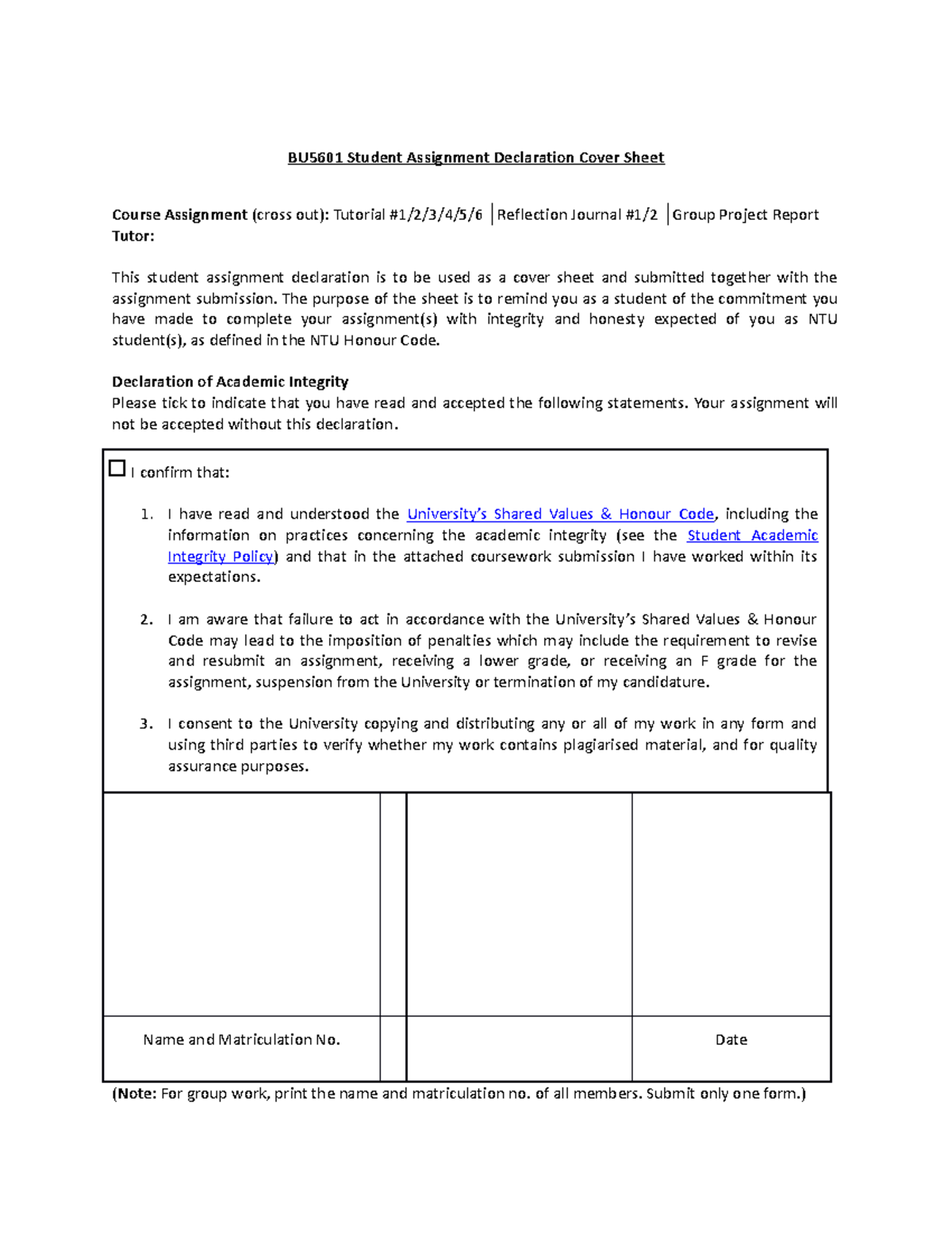 BU5601 Student Assignment Declaration Cover Sheet - The purpose of the ...