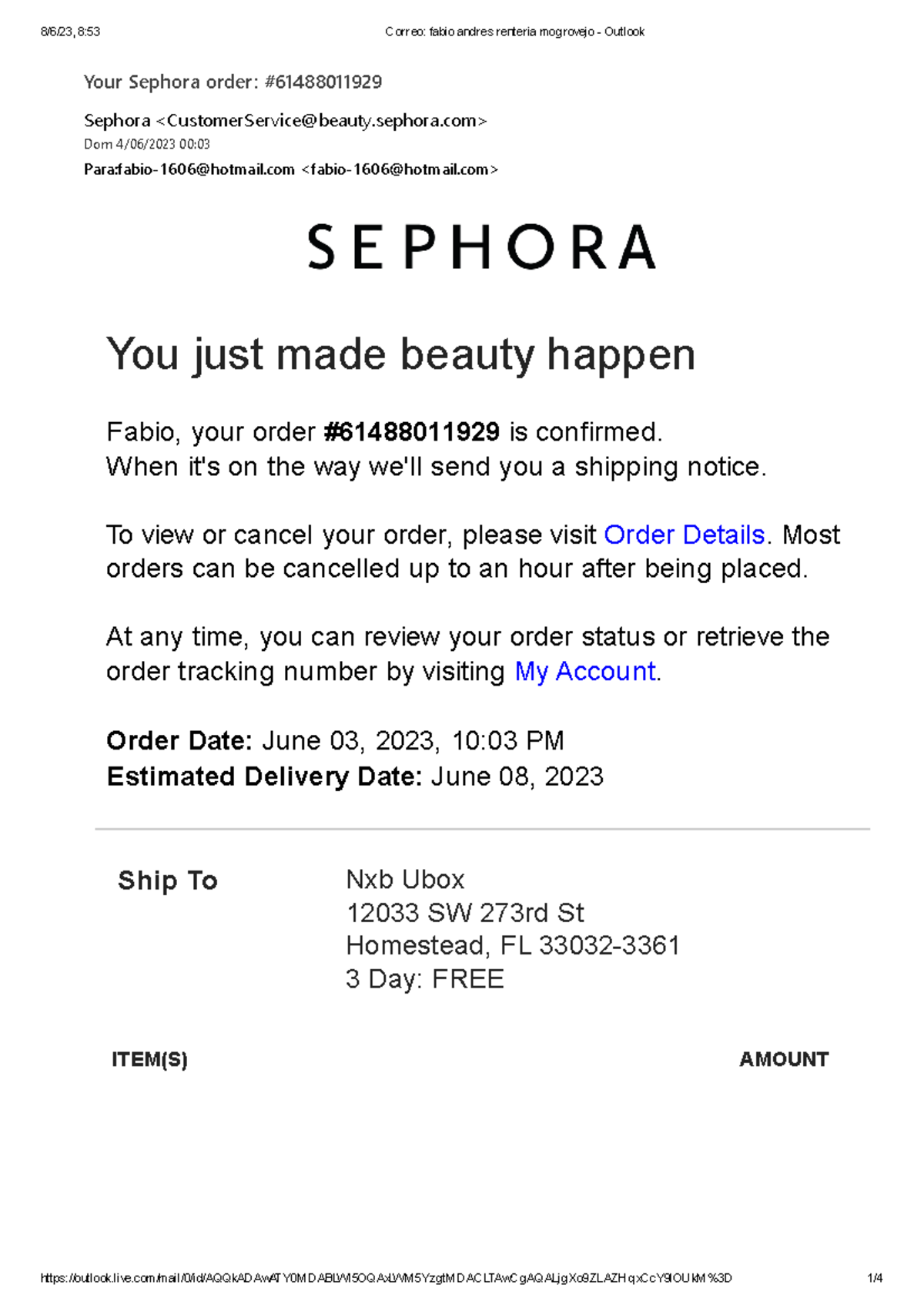 Factura TAX miami normal de importacion - Your Sephora order: Sephora ...