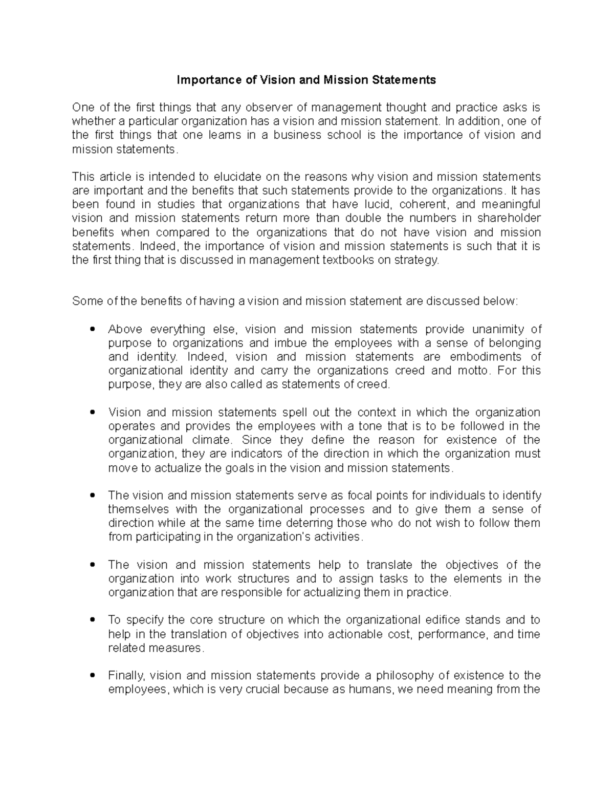 Importance of Vision and Mission Statements - In addition, one of the ...