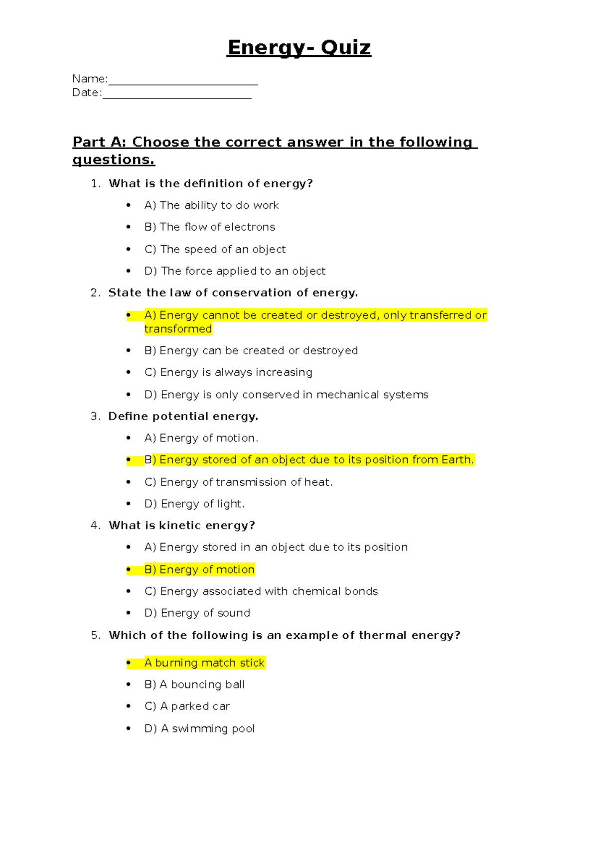 Energy quiz - Energy- Quiz Name:___________________________ Date