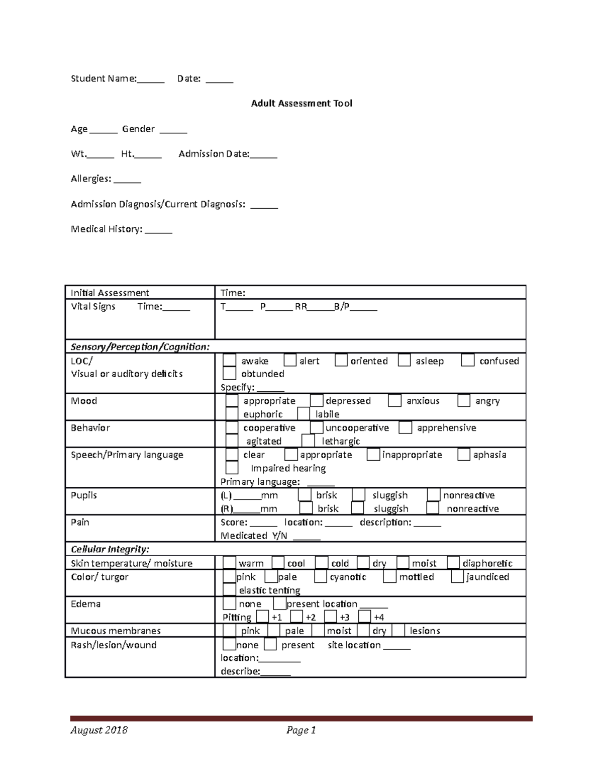 Adult Assessment Tool 2020 - Student Name: Date: Adult Assessment Tool ...