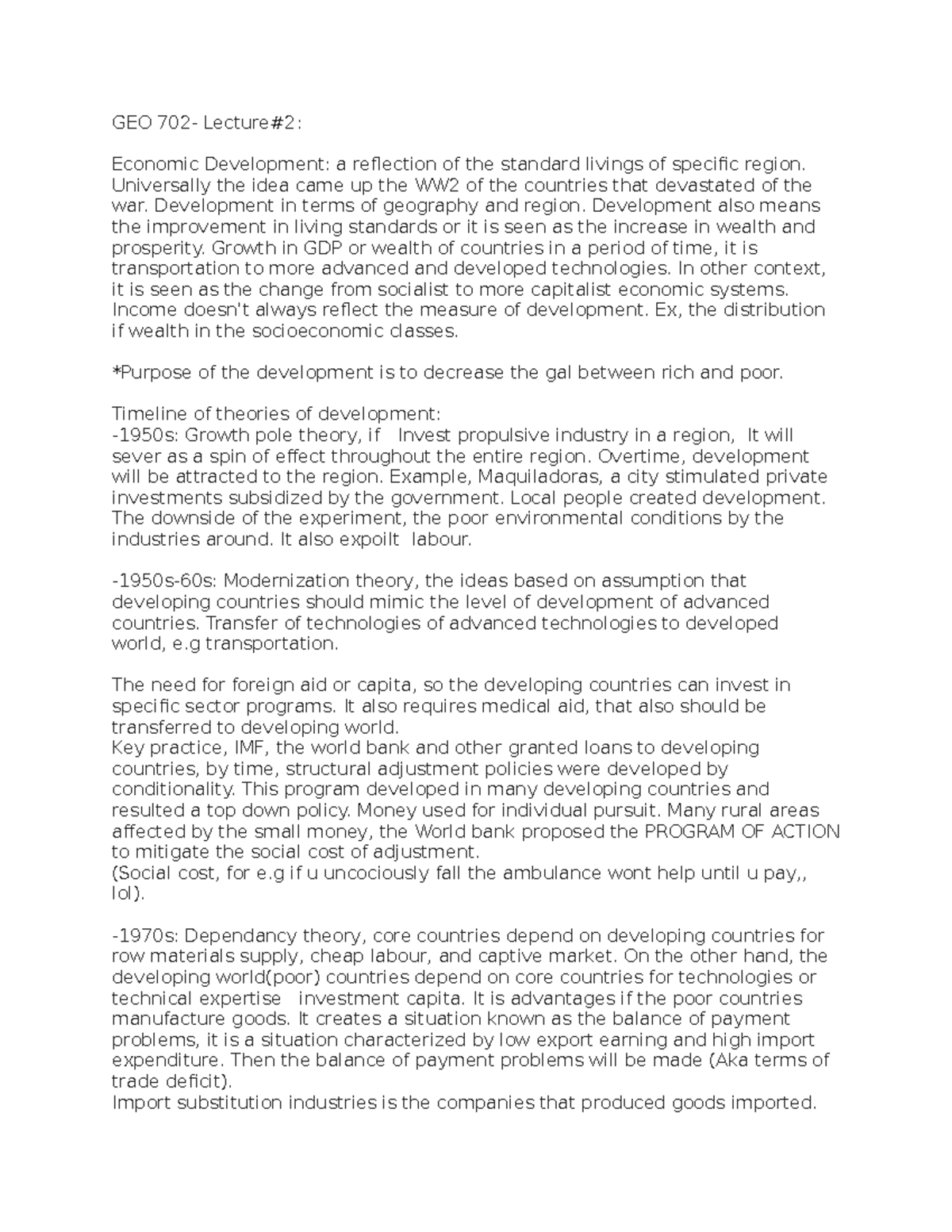 GEO 702 Lecture 2 Notes - GEO 702- Lecture#2: Economic Development: a ...
