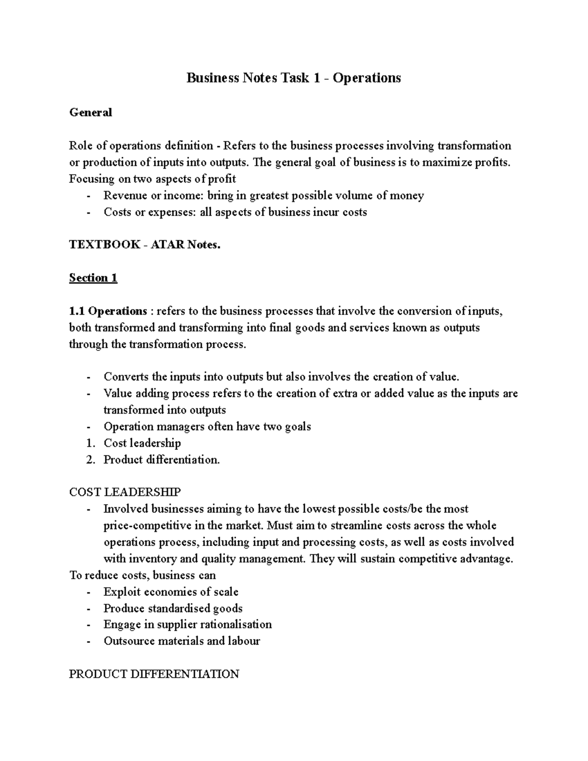 Business Notes Section 1 - Operations (brief notes) - Business Notes ...