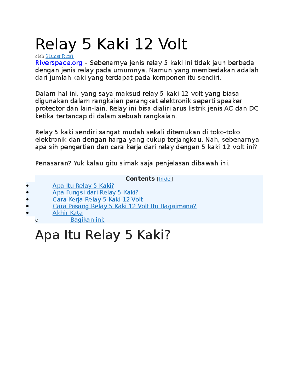 Pengantar Relay 5 Kaki 12 Volt Relay 5 Kaki 12 Volt Oleh Slamet Rifa
