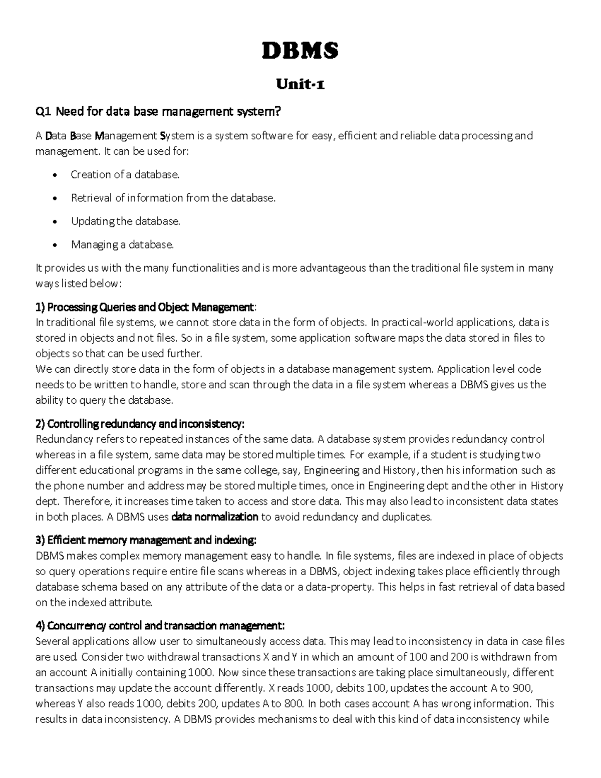 Dbms Block 1 Notes Naa Aae To Baat Rahi Dbms Unit Q1 Need For Data Base Management System