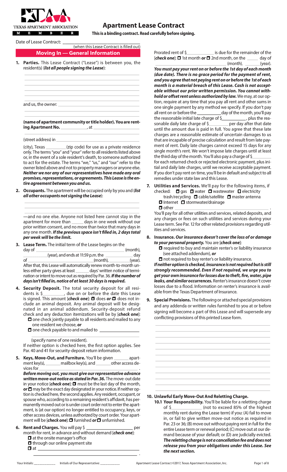 Texas Apartment Association Lease Agreement - Moving In — General ...