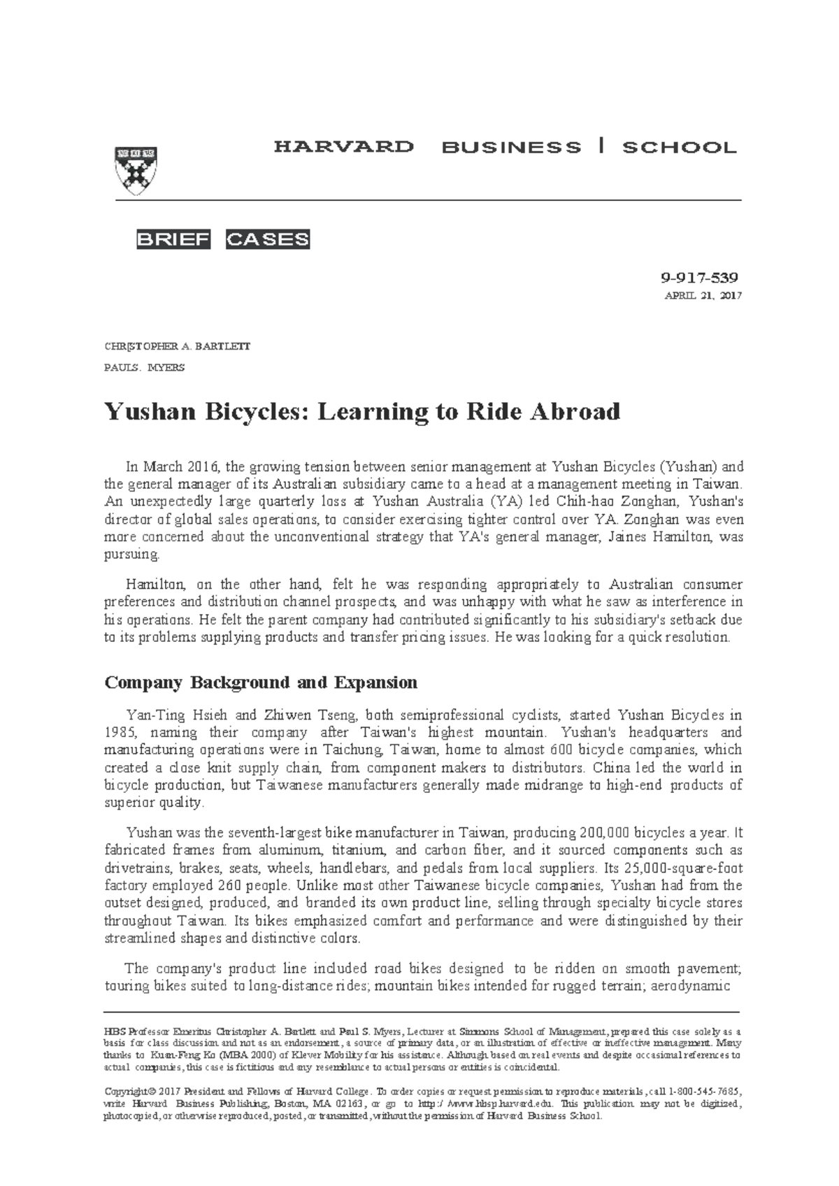 Full Case Study - Yushan Bicycles Learning to Ride Abroad - HARVARD BUSINESS I SCHOOL BRIEF ...