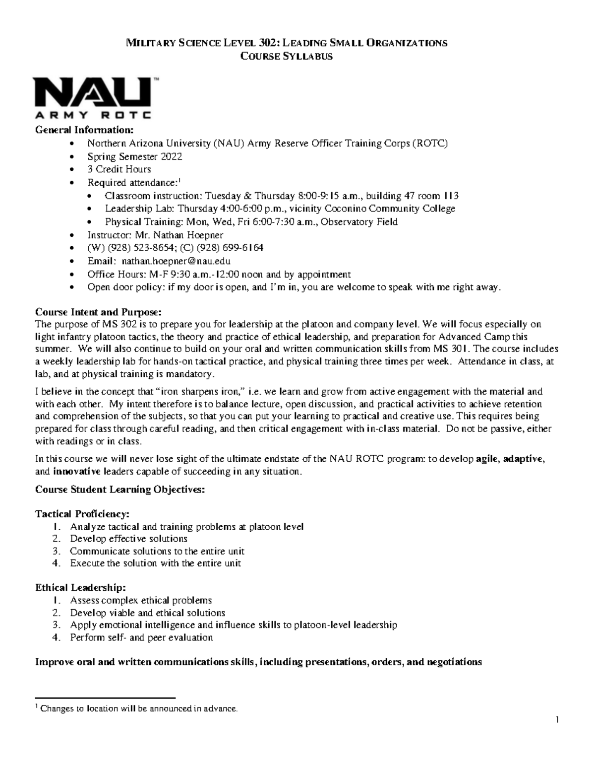 MS302 Spring 22 Course Syllabus Hoepner - MILITARY SCIENCE LEVEL 302 ...