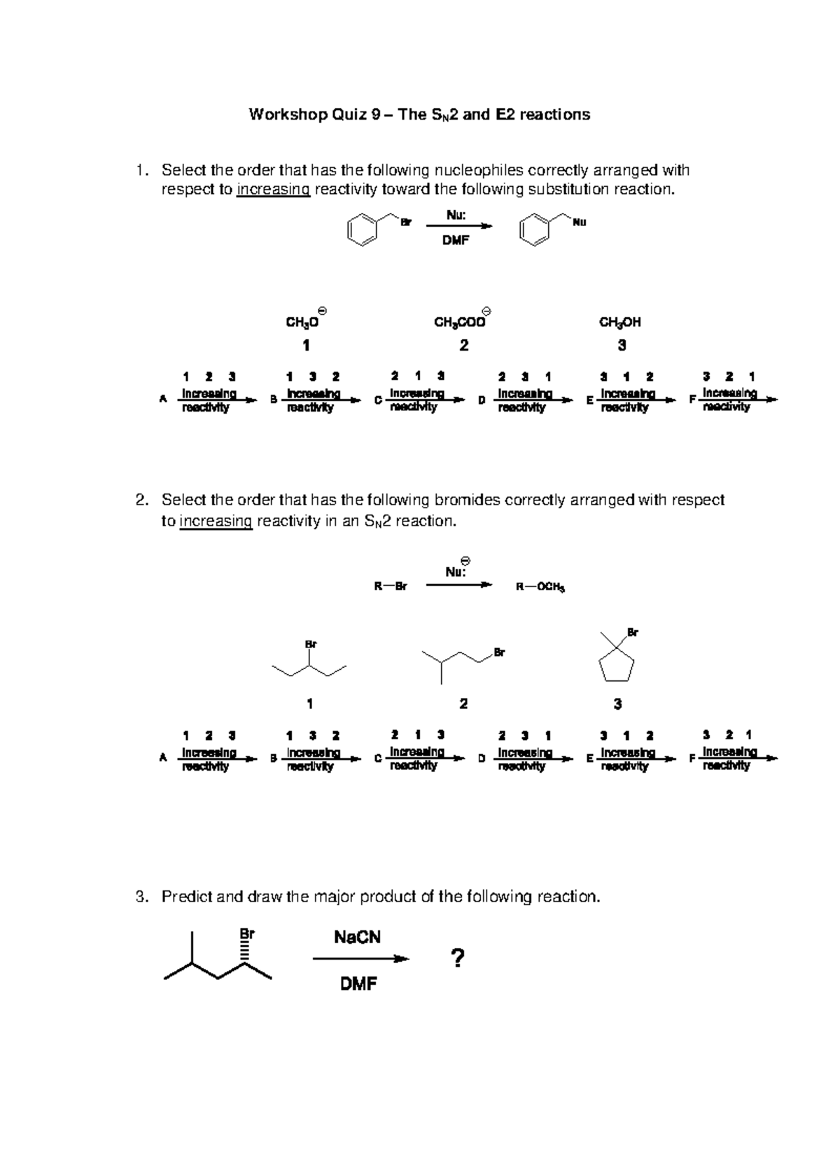 SN2 and E2 Reaction problems - Workshop Quiz 9 – The SN2 and E2 ...