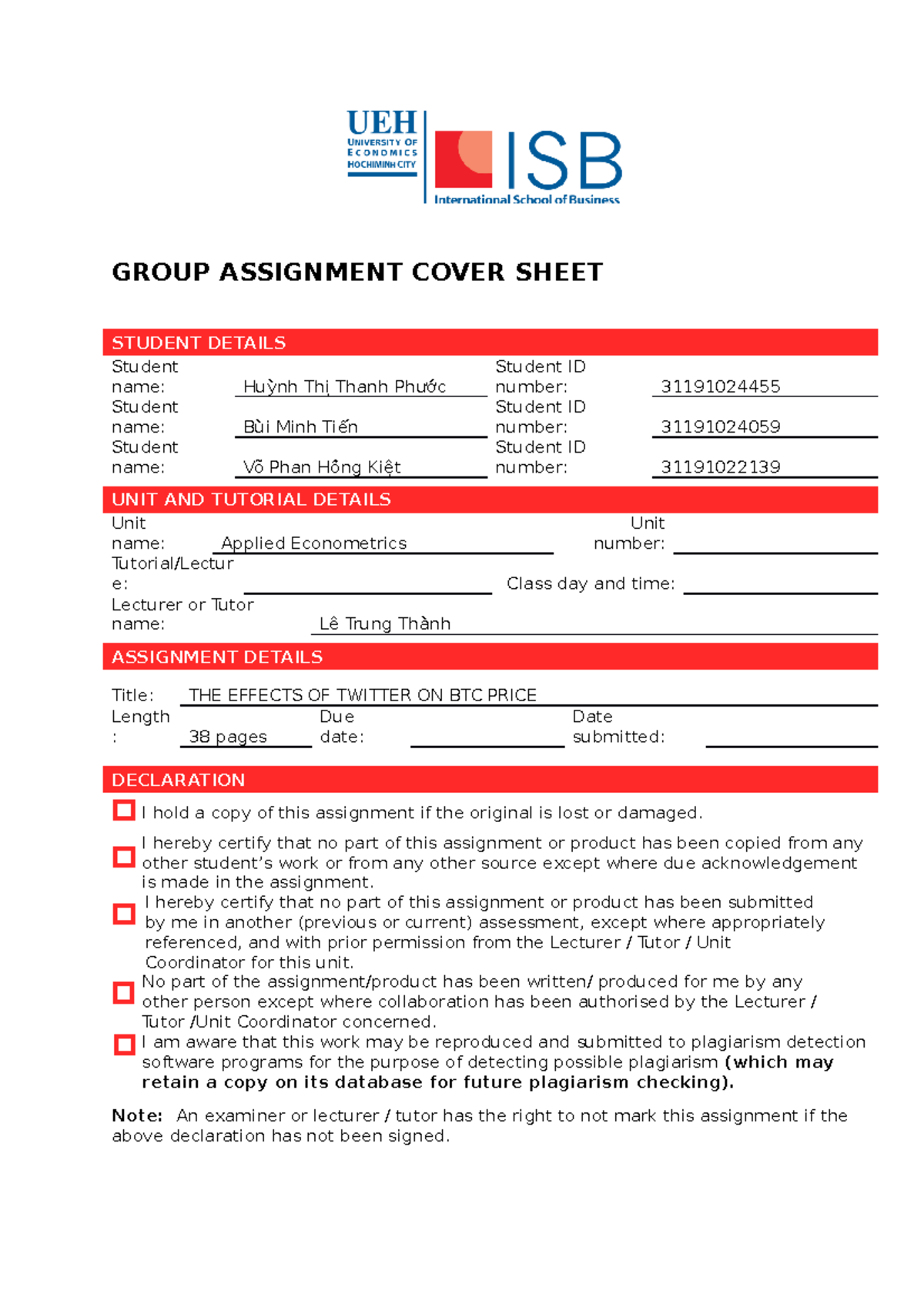 Final Report AE - Essay applied econometric - GROUP ASSIGNMENT COVER ...