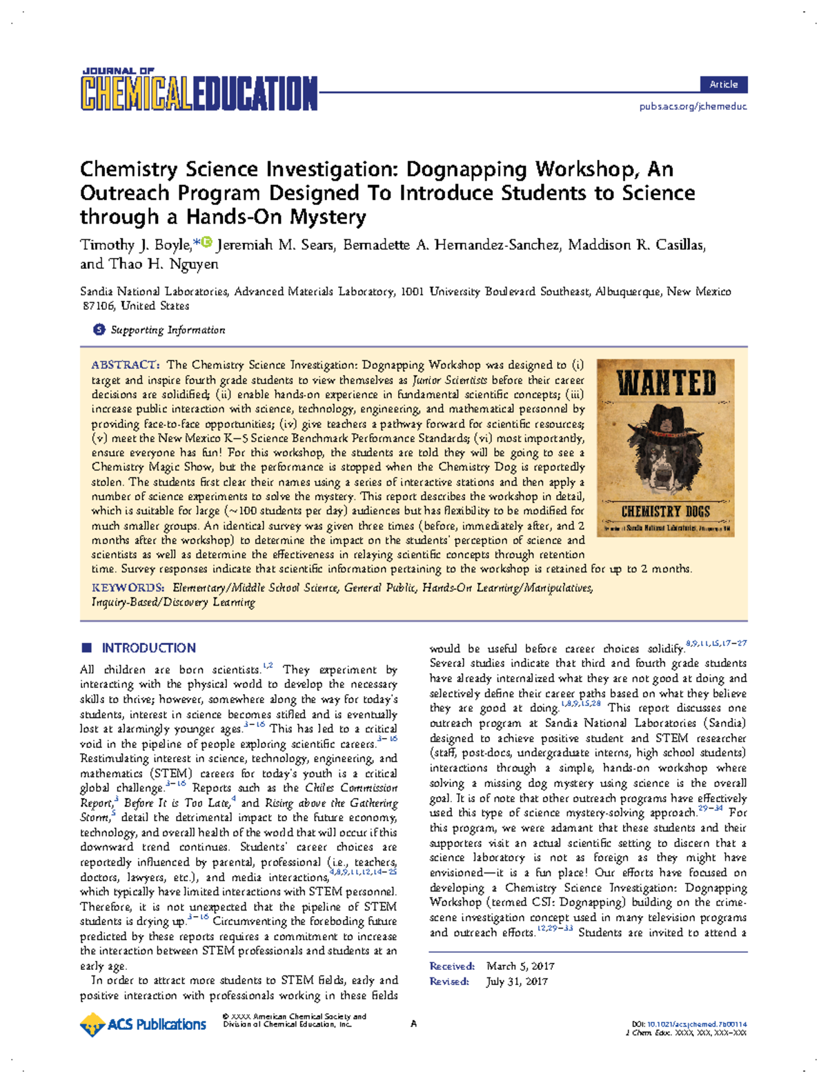 Chemistry Science Investigation Dognapping Workshop, An Outreach ...