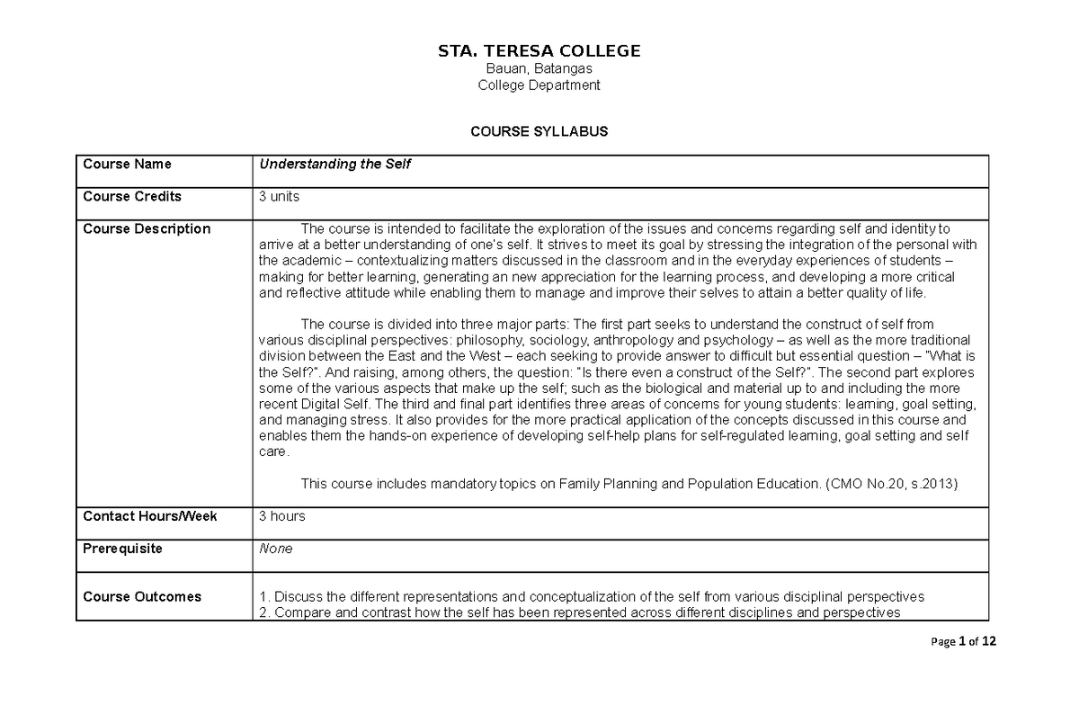 CHED Syllabus NEW Understanding THE SELF Bauan Batangas College