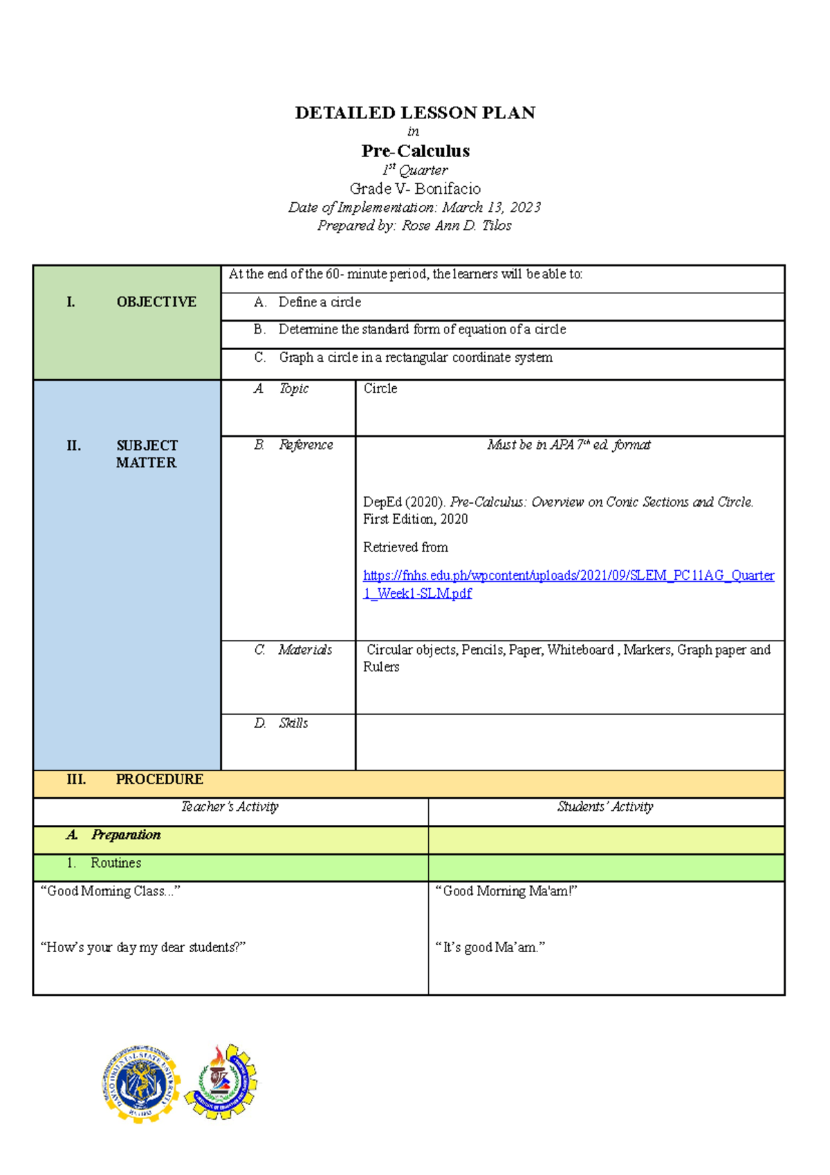 Detailed- Lesson-PLAN - DETAILED LESSON PLAN in Pre-Calculus 1 st ...