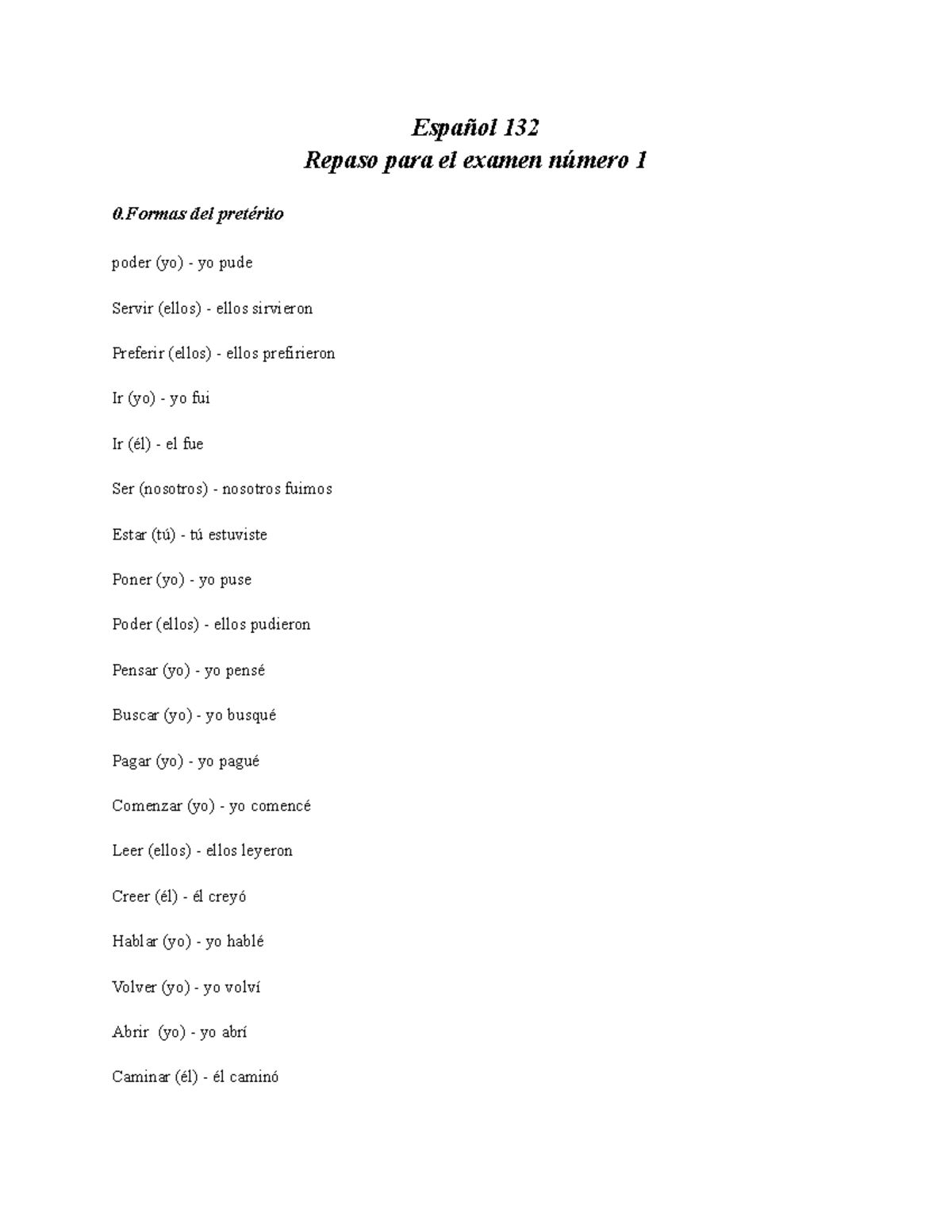 Respaso - review - Español 132 Repaso para el examen número 1 0 del ...