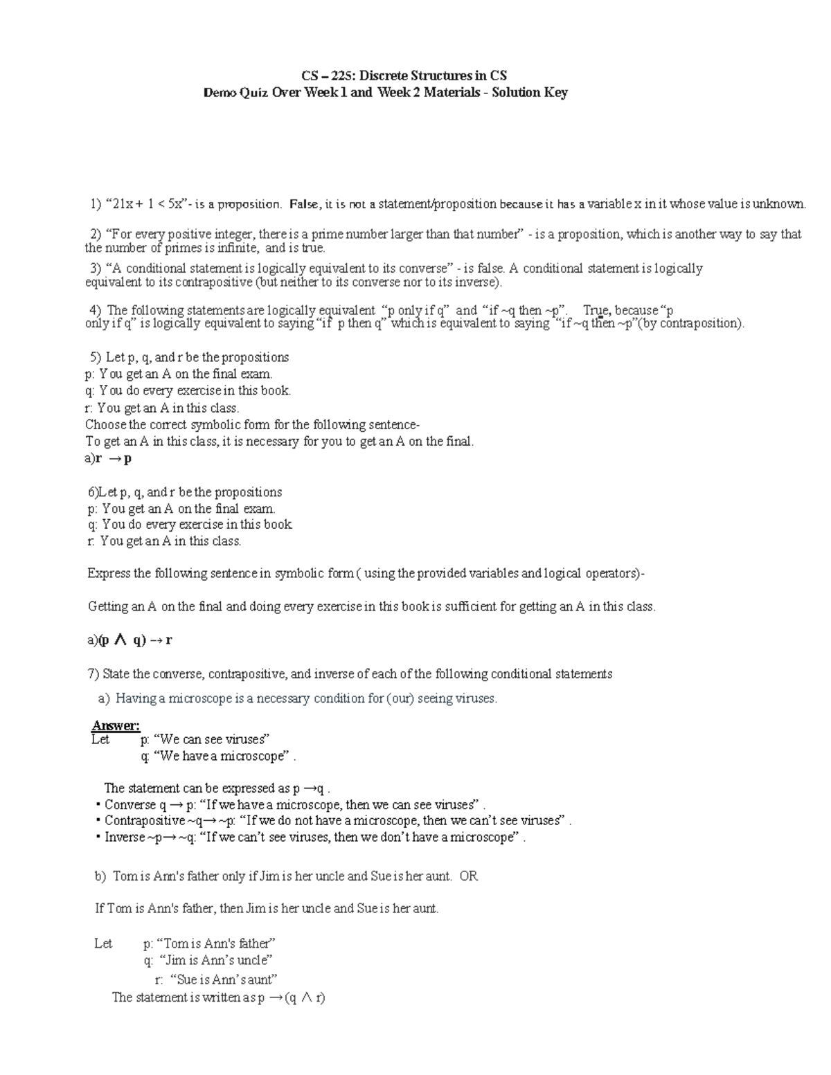 Demo Quiz w1 2 Solutions W21 - CS – 225: Discrete Structures in CS Demo Quiz Over Week 1 and ...