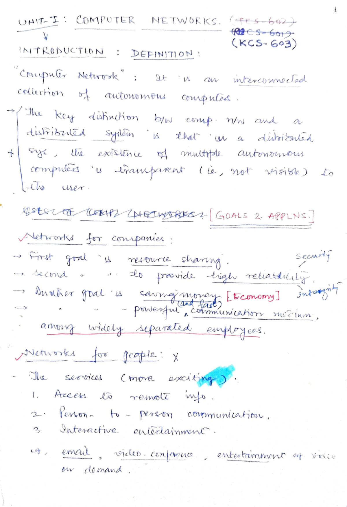 Unit 1 Introduction, Physical Layer Notes - 1 COMPUTER NETWORKS. (FCS ...