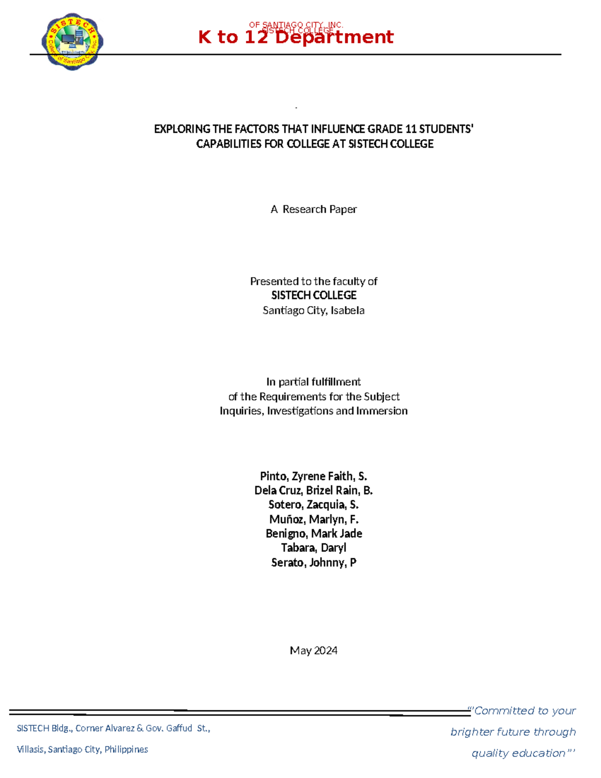 Revised-PR2- Unofficial - SISTECH COLLEGE “’Committed to your brighter ...