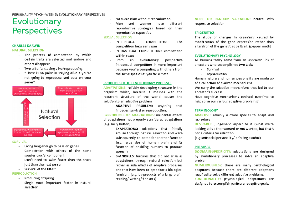 Week 5 - Evolutionary Psych - PERSONALITY PSYCH- WEEK 5: EVOLUTIONARY ...