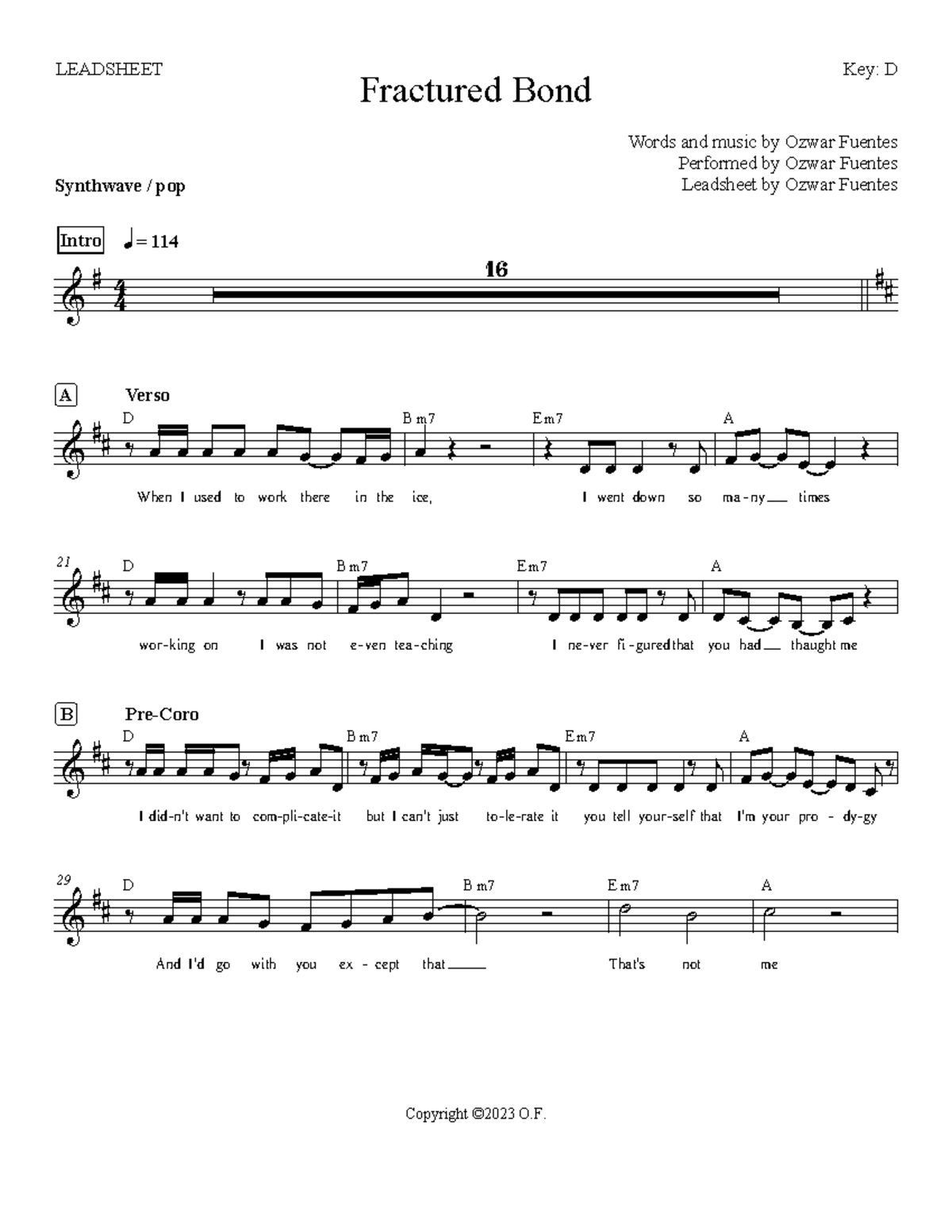 Fractured Bond Leadsheet - Intro = 114 Synthwave / pop - Studocu