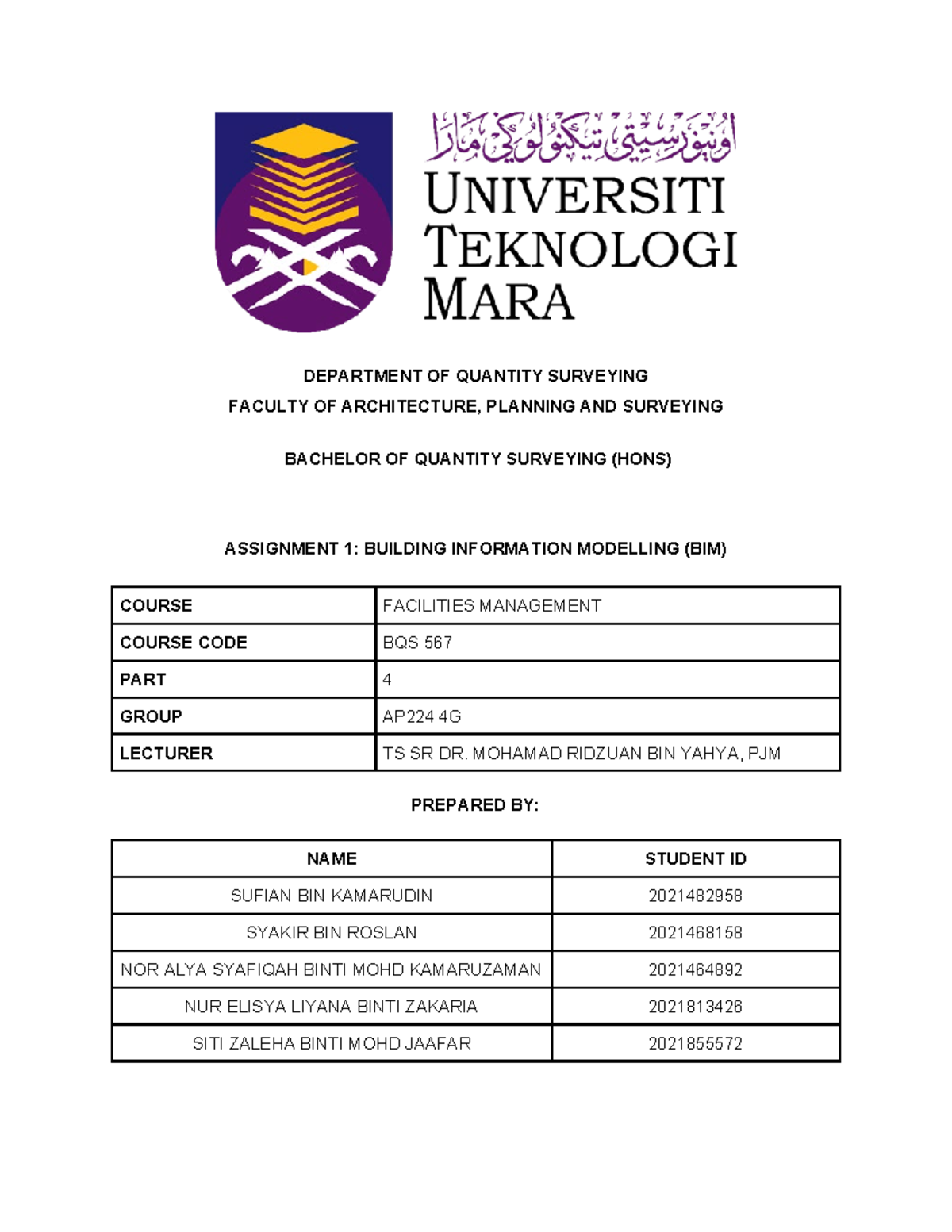 BQS567 Assignment 1 Group 2 Building Information Modeling(BIM) - DEPARTMENT OF QUANTITY ...