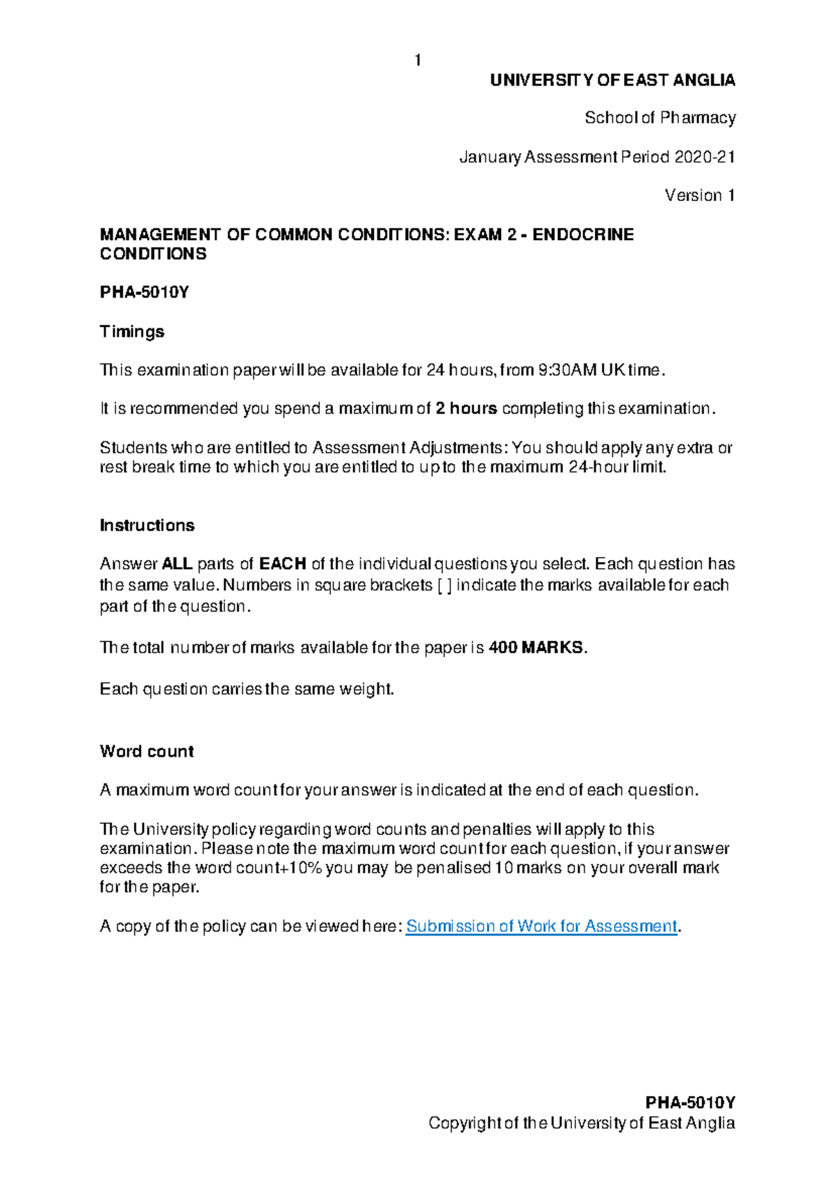 PHA-5010Y- Management OF Common Conditions - EXAM 2 - Endocrine ...