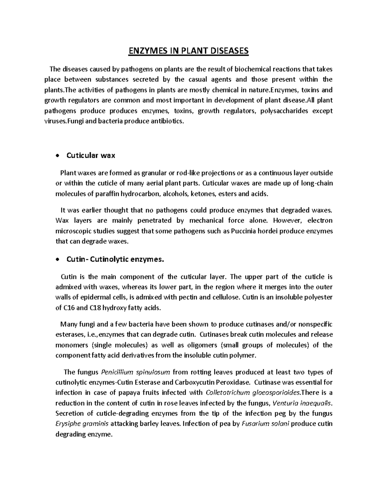 Crop pathology - Enzymes - ENZYMES IN PLANT DISEASES The diseases ...