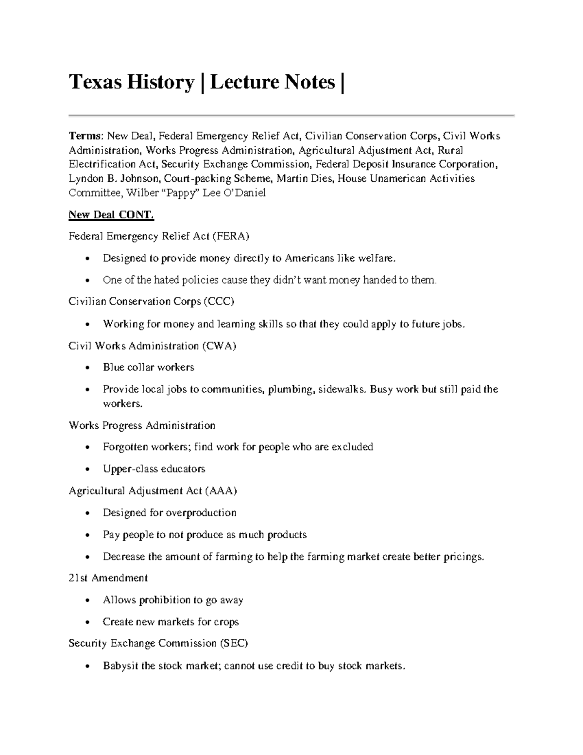 HIST-2301 Notes 20 - Texas History | Lecture Notes | Terms: New Deal ...