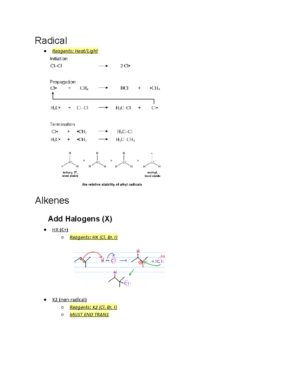 Mechanisms Exam 3 O-chem - Radical Reagents: Heat/Light Alkenes Add ...