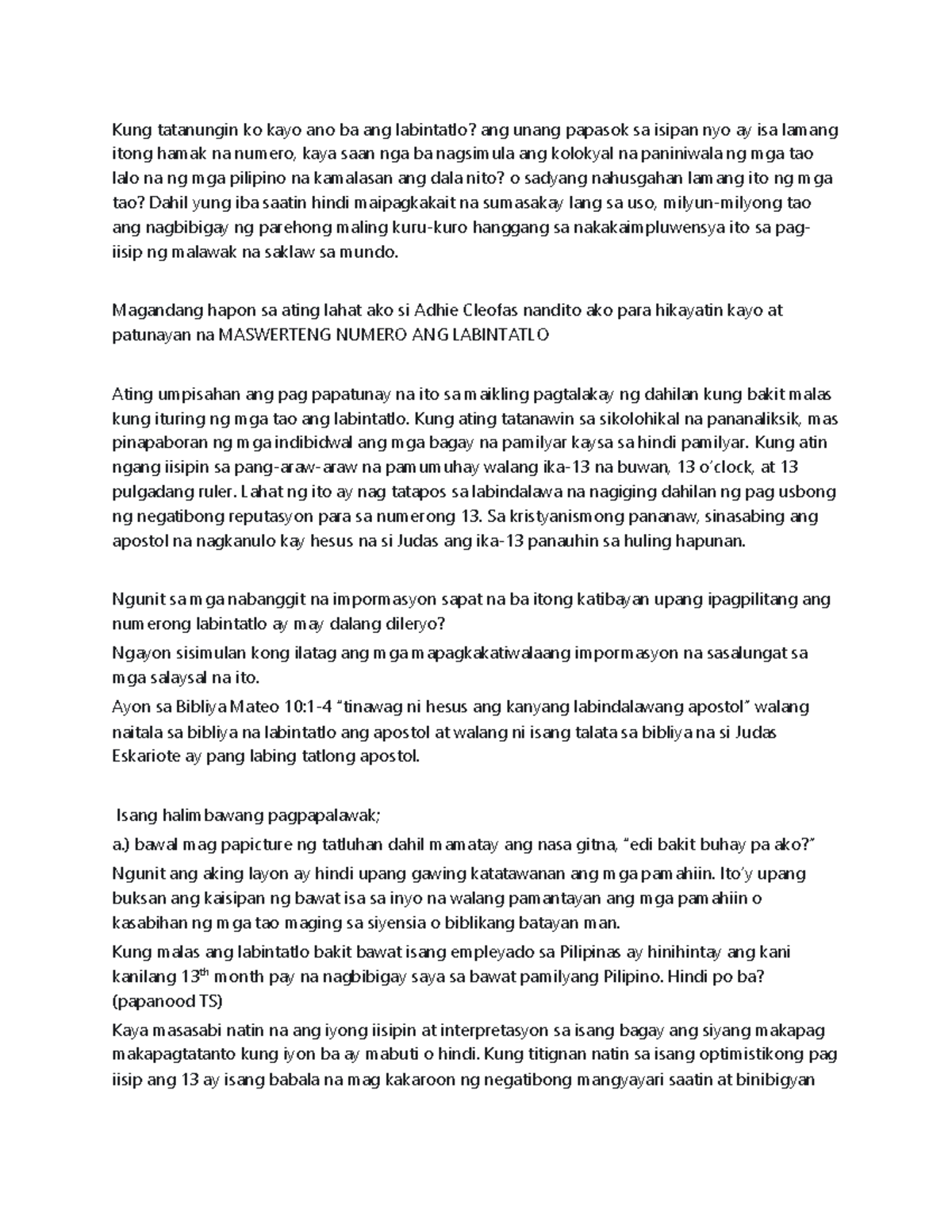 Talumpati - idea for an incoming shs student:)) - Kung tatanungin ko ...