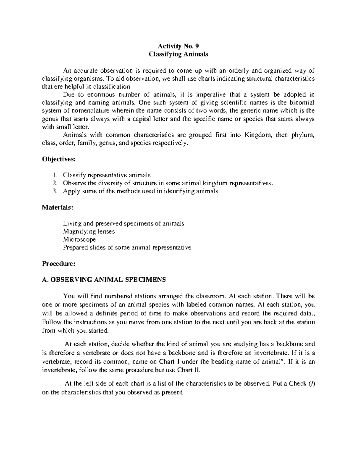 ACT 9- Classifying- Animals - Activity No. 9 Classifying Animals An ...