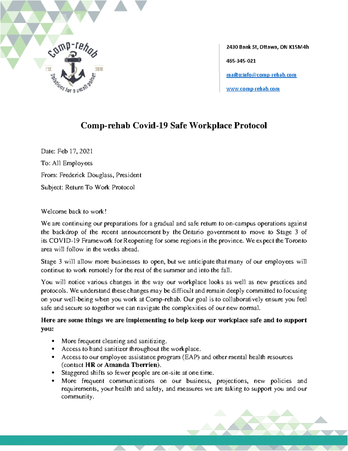 Memo Return to Work Covid-19 Protocol - Comp-rehab Covid-19 Safe ...