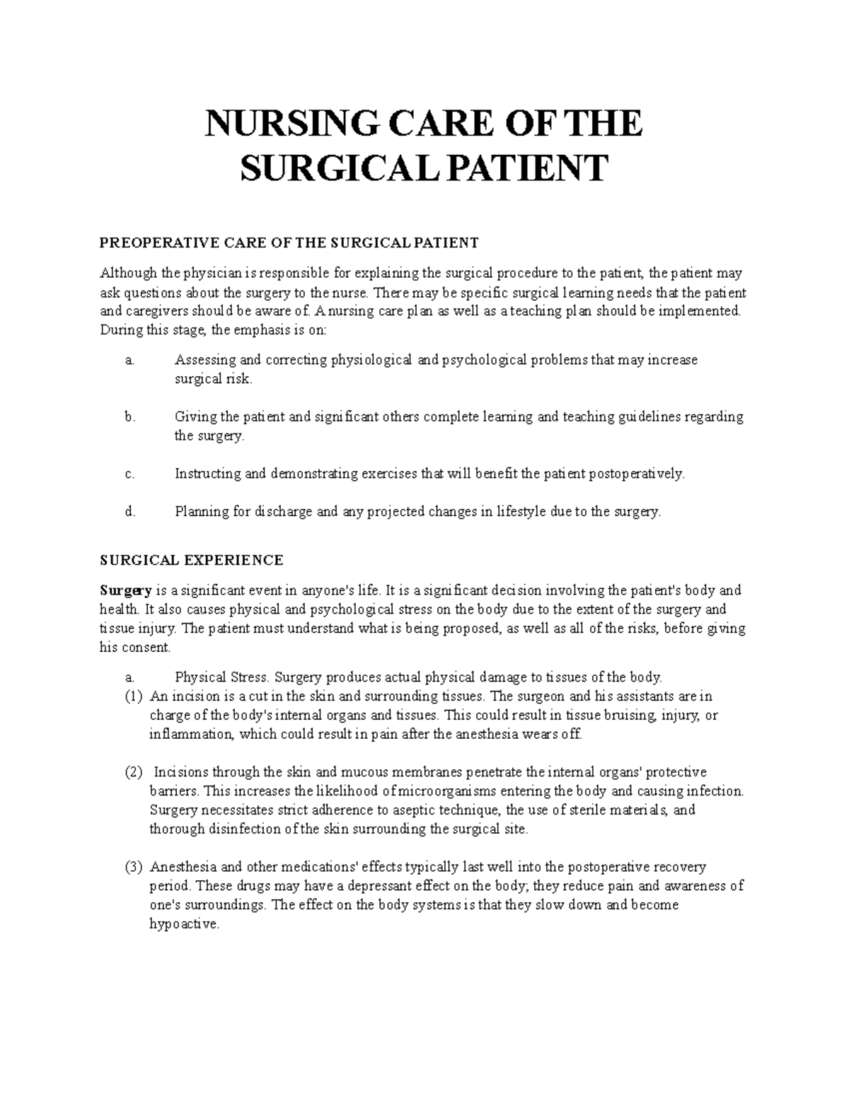 Chapter 1 - Nursing Notes - NURSING CARE OF THE SURGICAL PATIENT ...