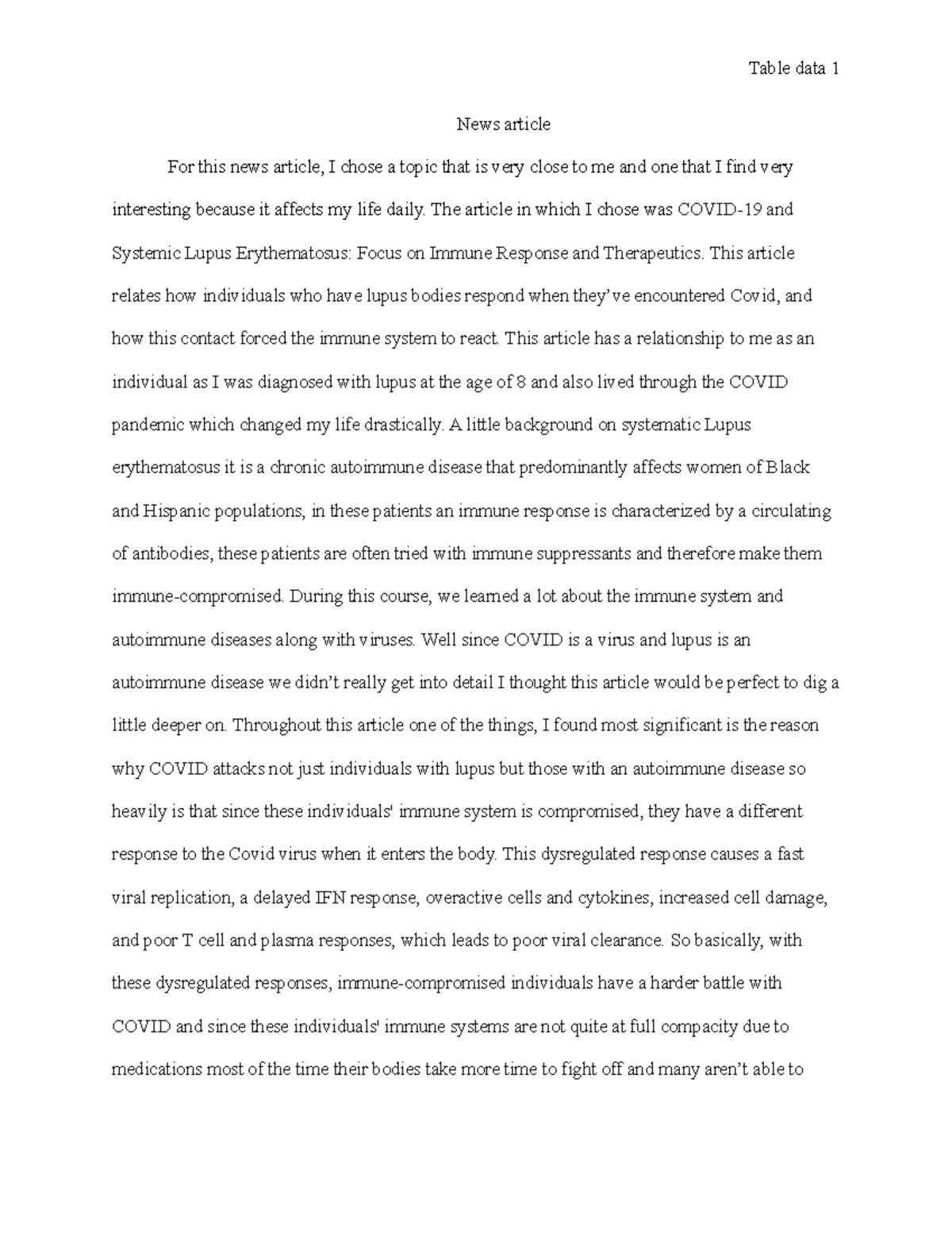 BIO newsarticle - news article report - Table data 1 News article For ...