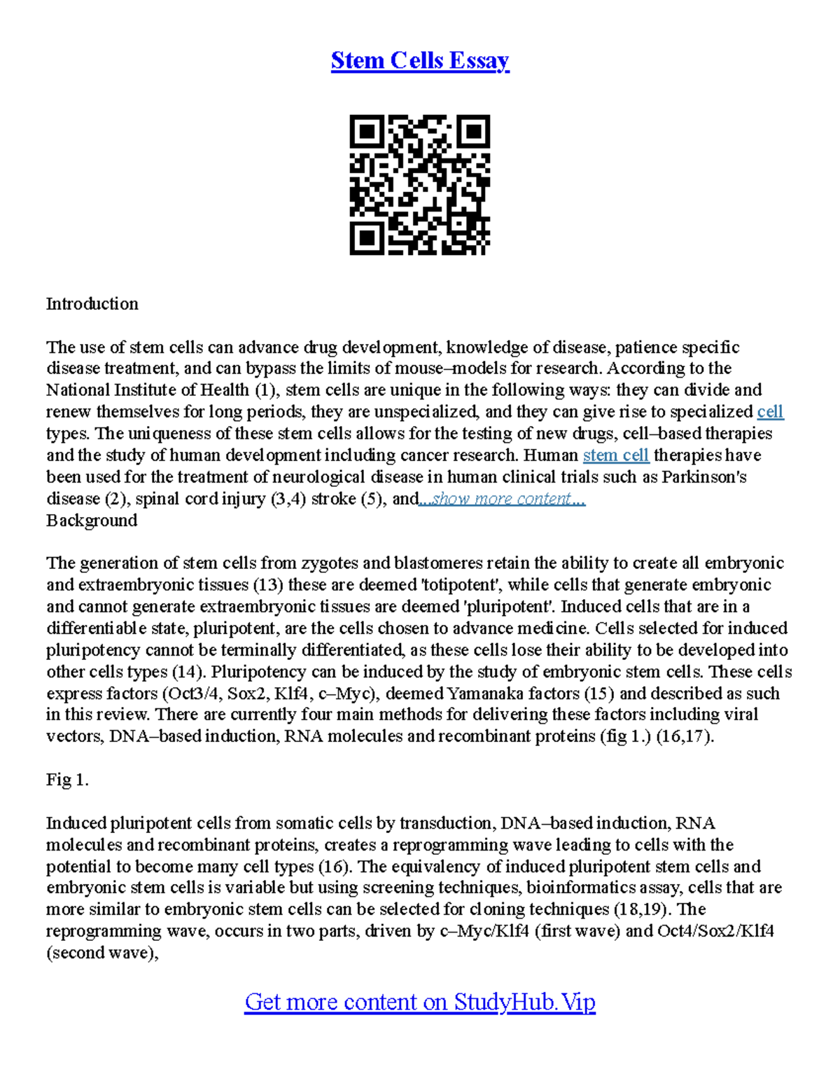 Stem Cell Research Essay - Stem Cells Essay Introduction The use of ...