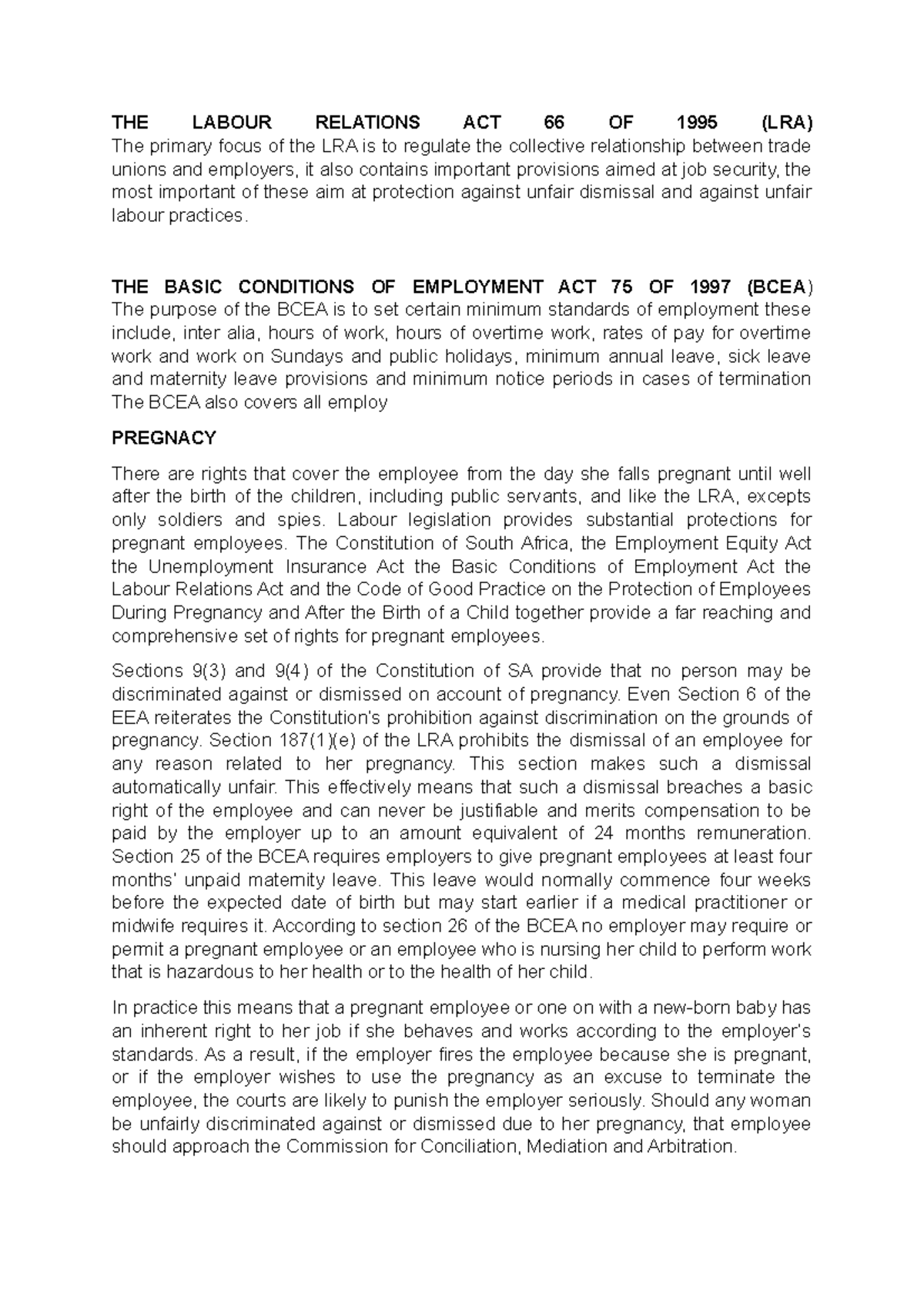 Labour LAW Notes - THE LABOUR RELATIONS ACT 66 OF 1995 (LRA) The ...