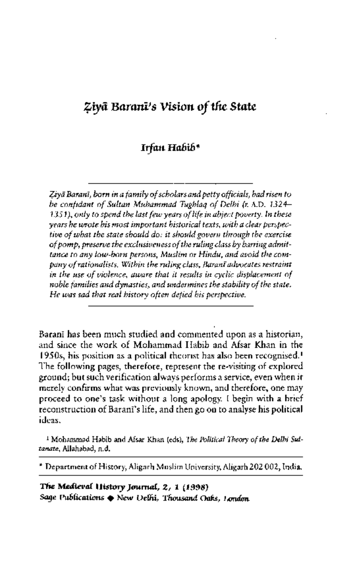 Irfan Habib- Zia Barani's vision of State - Ziy& Baran&’s Vision of the ...