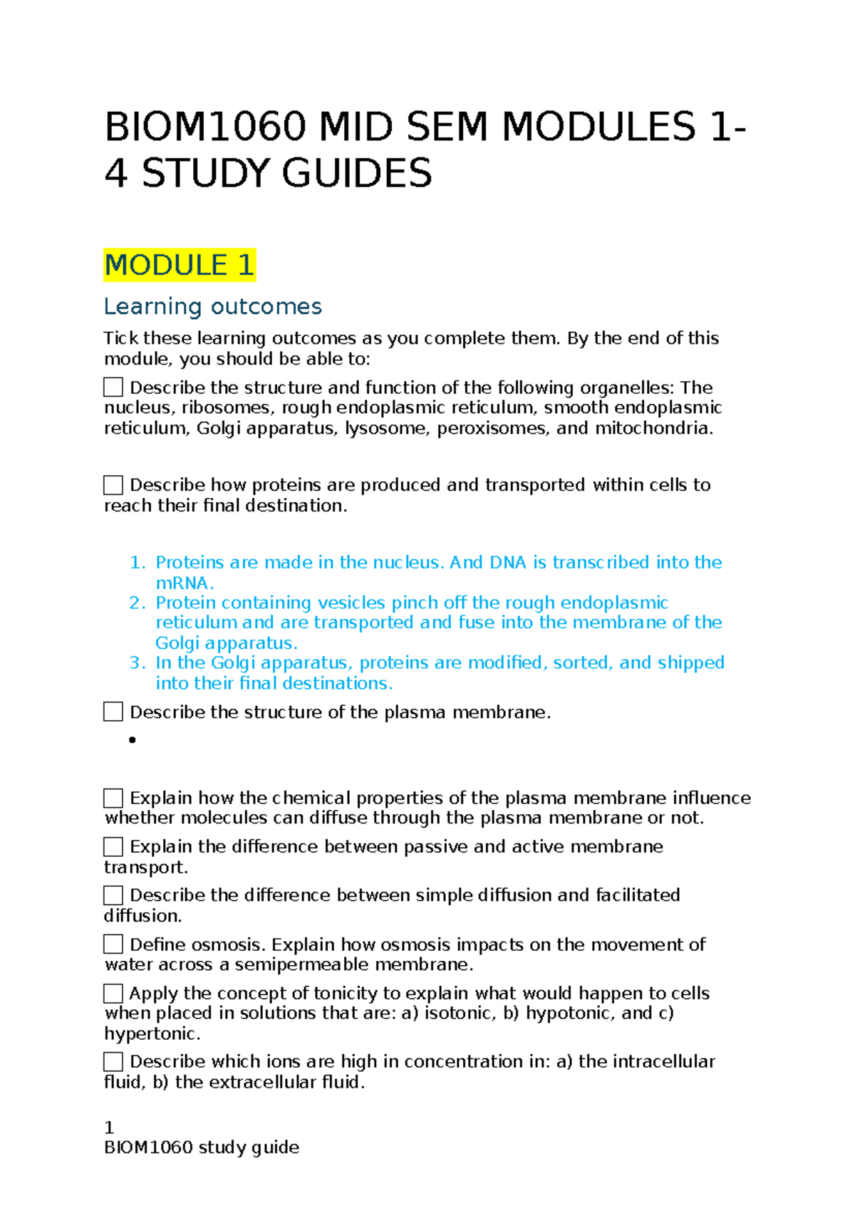 BIOM1060 MID SEM Modules 1 - BIOM1060 MID SEM MODULES 1- 4 STUDY GUIDES MODULE 1 Learning ...