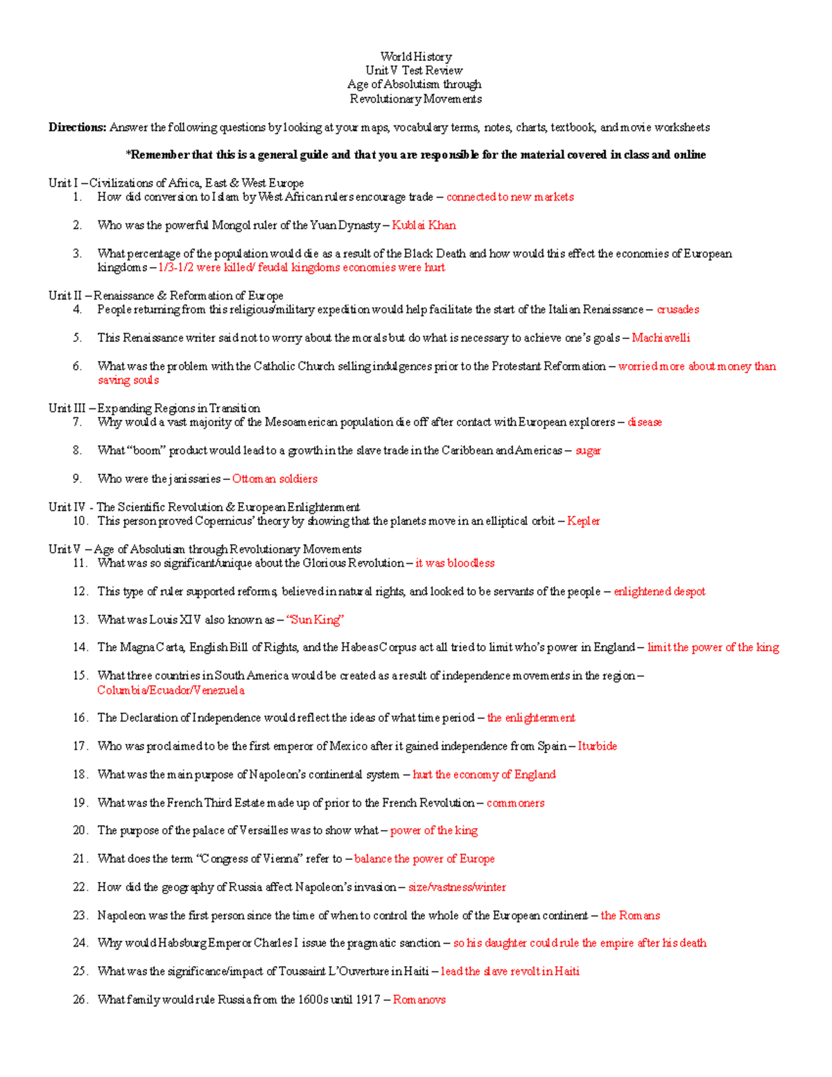 Unit V Test Review Age of Absolutism through Revolutions Key - World ...