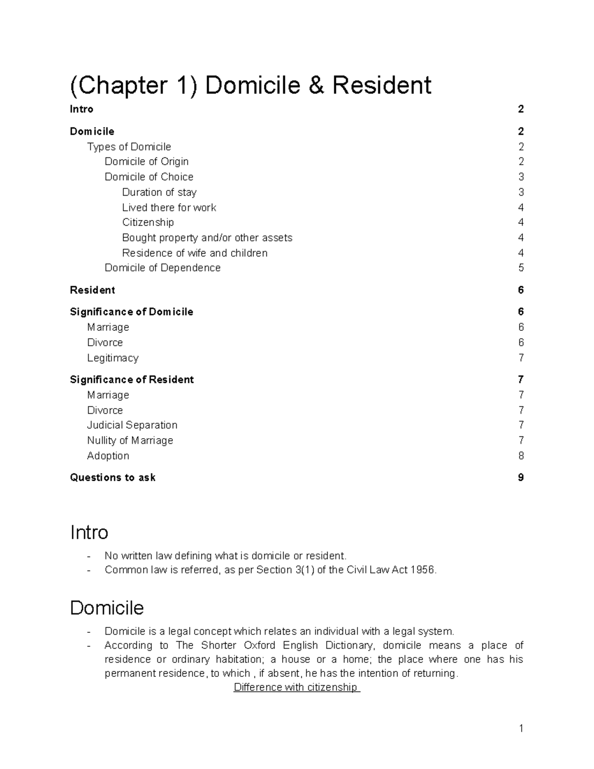Chapter 1 - Domicile and Resident - (Chapter 1) Domicile & Resident ...