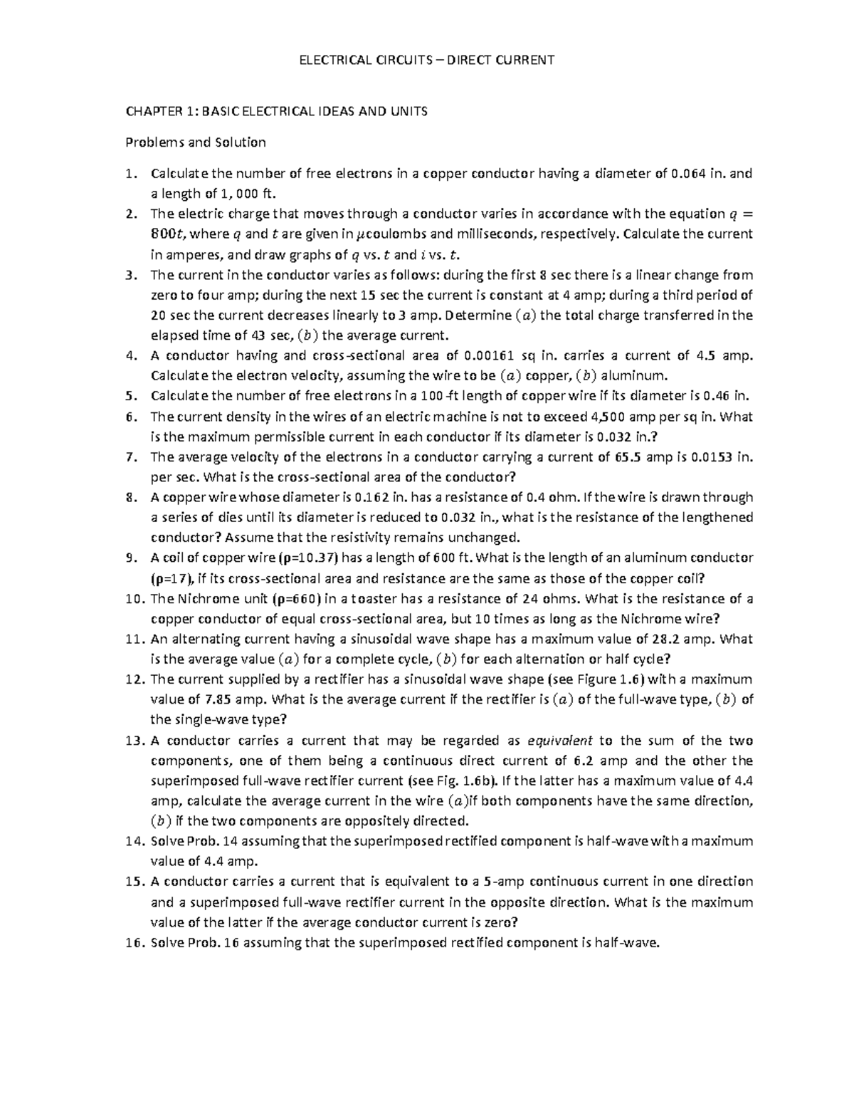 Chapter 1- Basic Electrical Ideas AND Units- Problems AND Solution - CHAPTER 1: BASIC ELECTRICAL ...