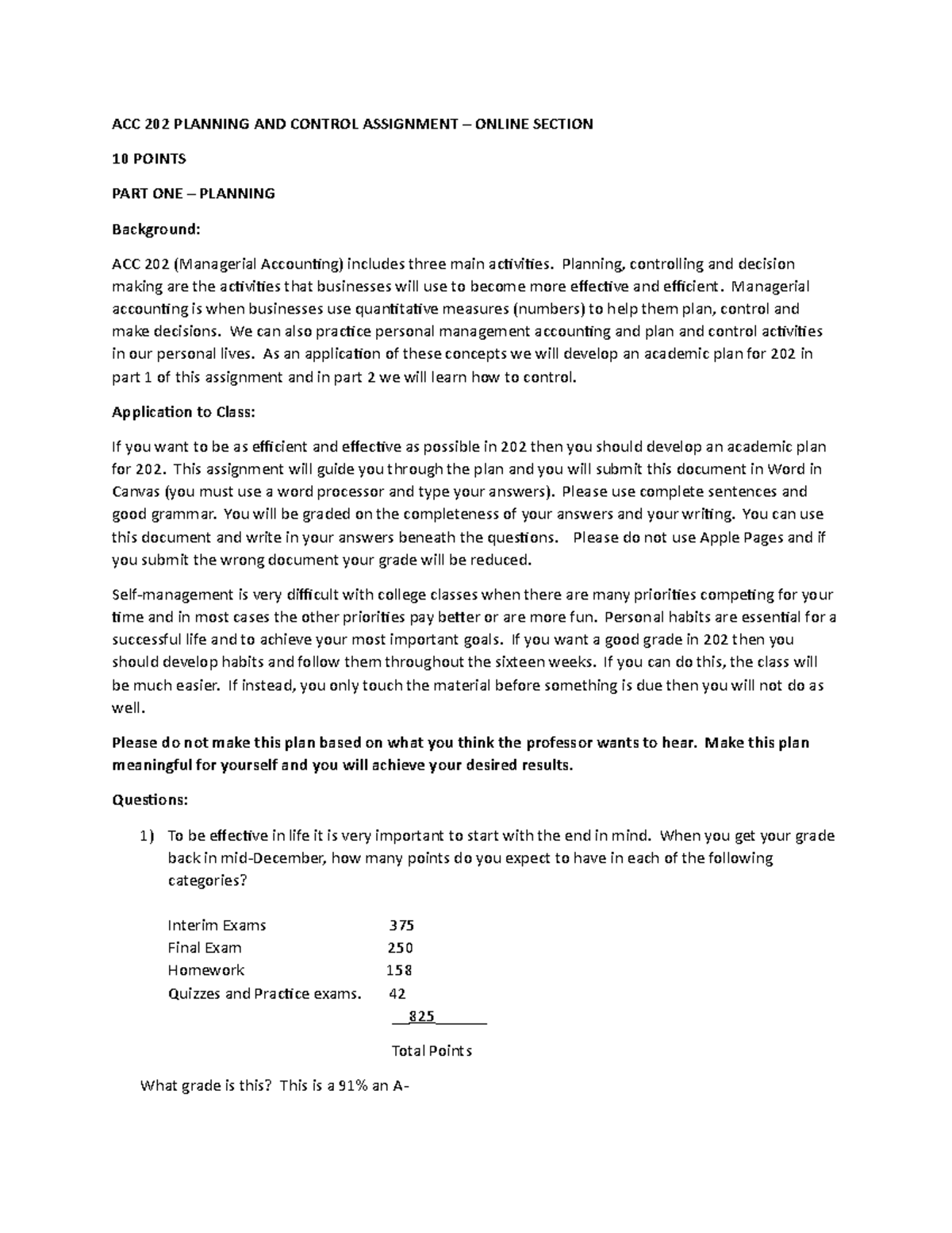 ACC 202 Planning Assignment - ACC 202 PLANNING AND CONTROL ASSIGNMENT ...