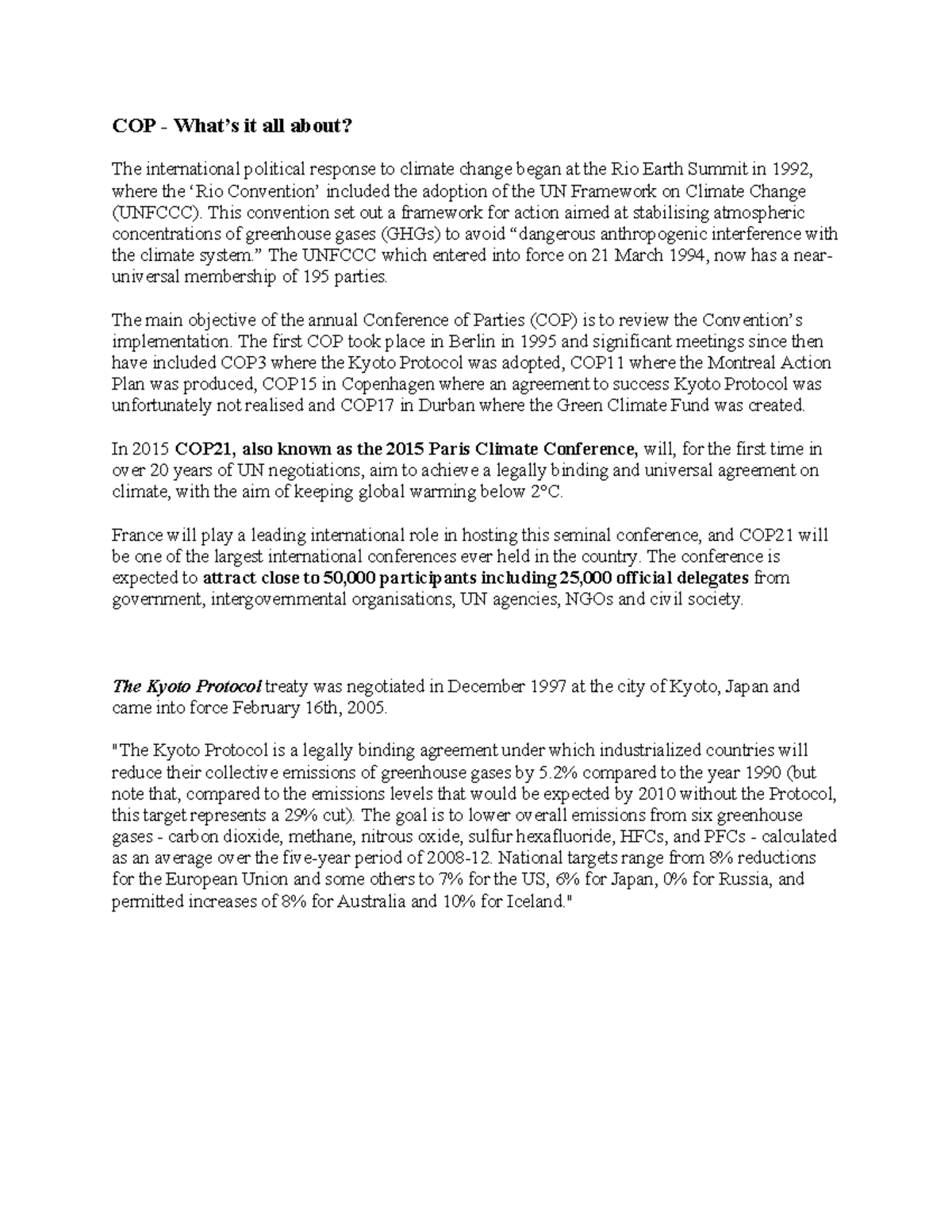 COP and kyota agreements - COP - What’s it all about? The international ...