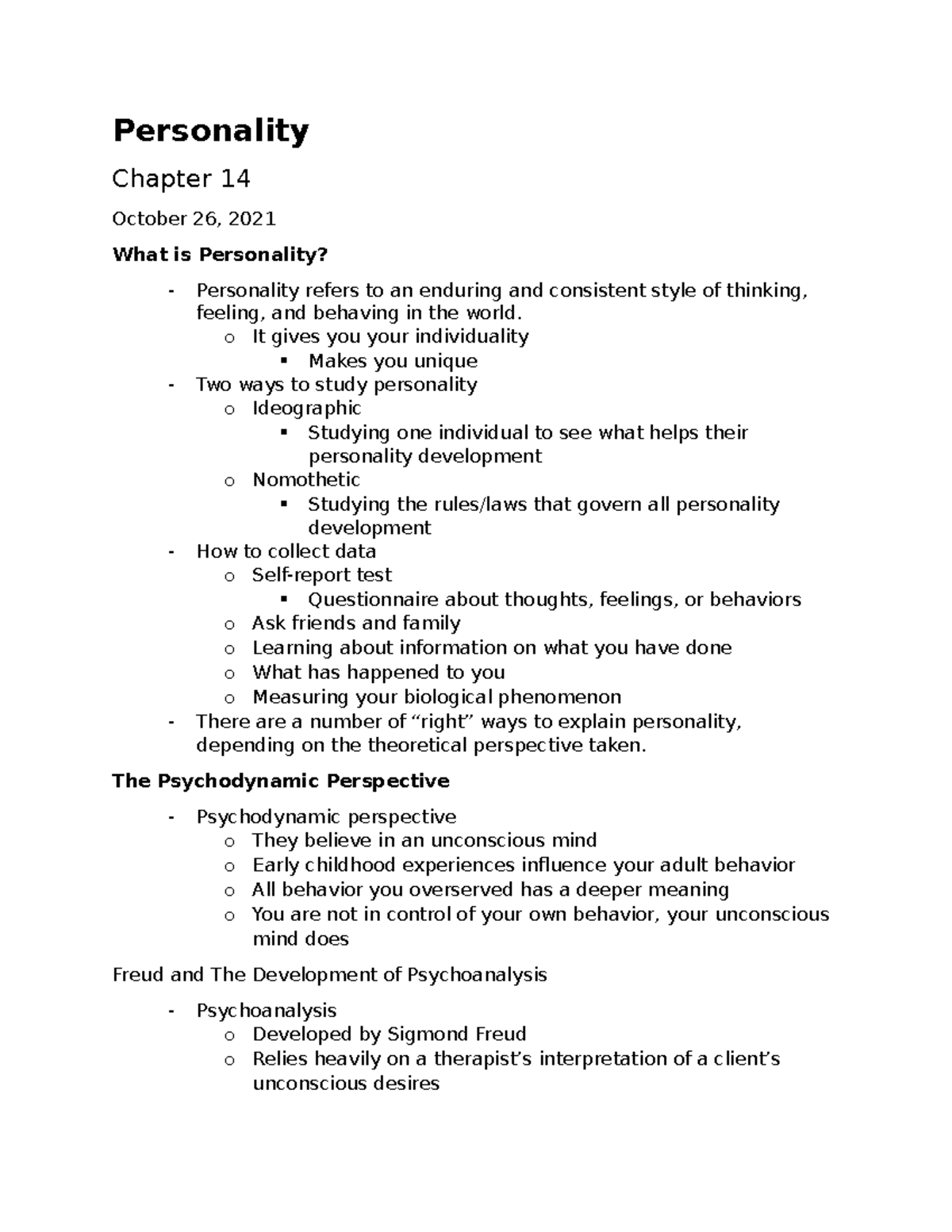 Personality - notes - Personality Chapter 14 October 26, 2021 What is ...