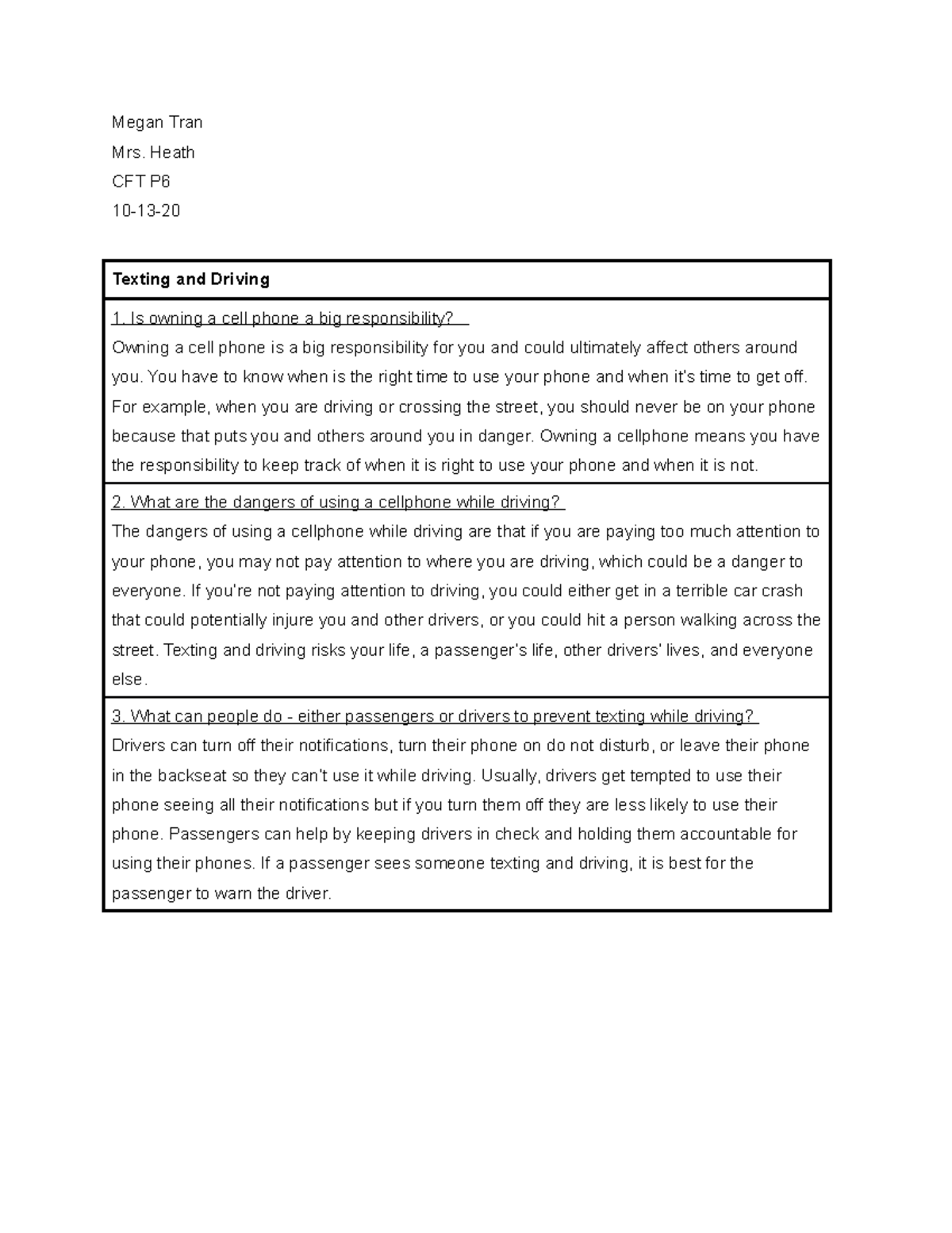 P6, 10 13, Texting and Driving - Megan Tran Mrs. Heath CFT P 10-13 ...